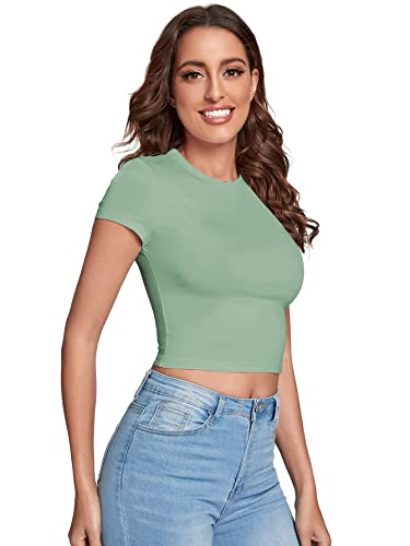 Verdusa Women's Casual Basic Cap Sleeve Slim Fitted Round Neck Crop Tee Top Mint Green M