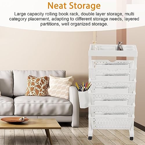 FBITE Movable Bookshelf Cart, Rolling Utility Cart 6 Tier Large Capacity Thickened Multifunctional Rolling Book Rack Storage Trolley Rolling Bookshelf with Wheel for Deskside Living