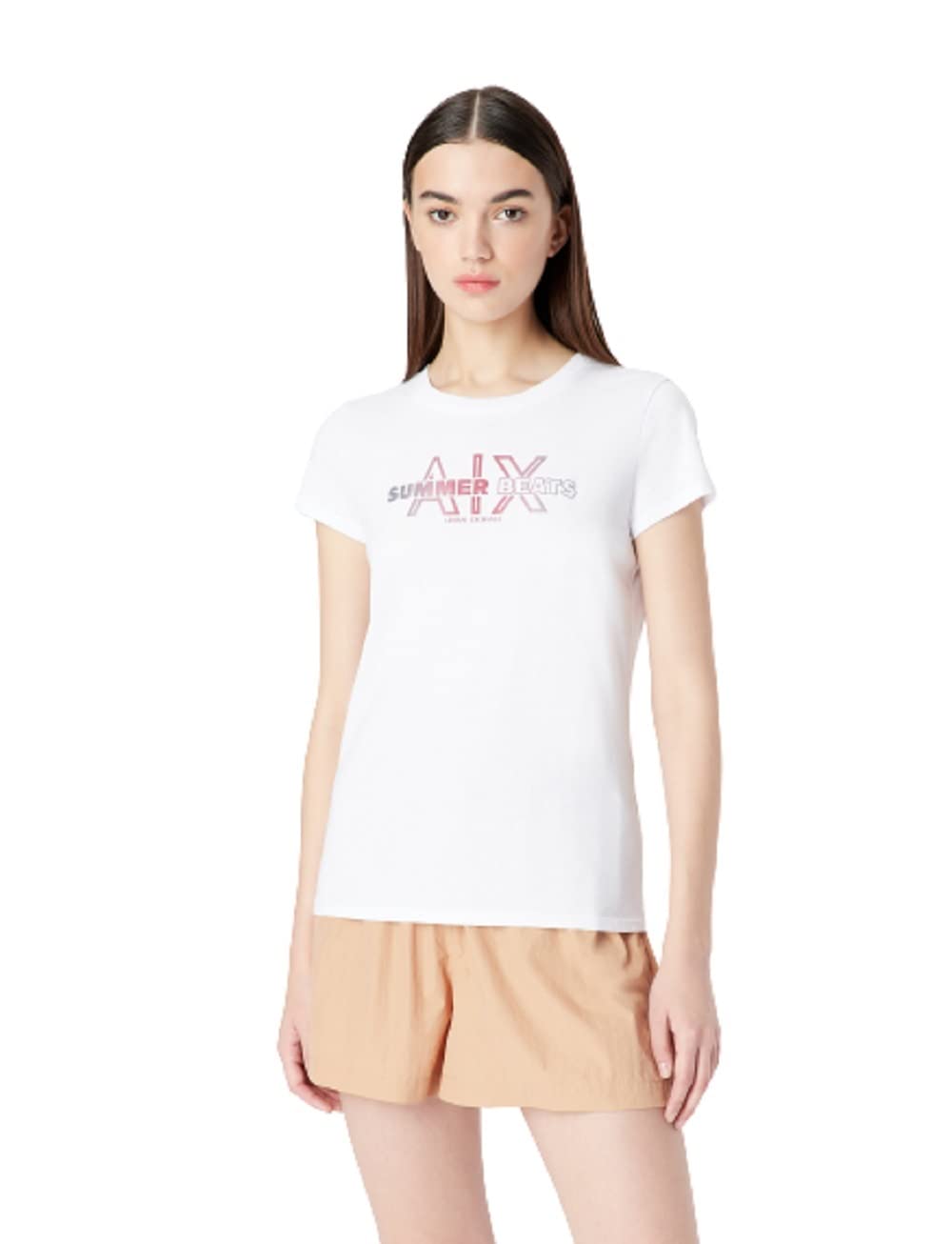 EMPORIO ARMANI Women's Crew Neck Reg Fit Summer Beats T-Shirt, Optic White, Large