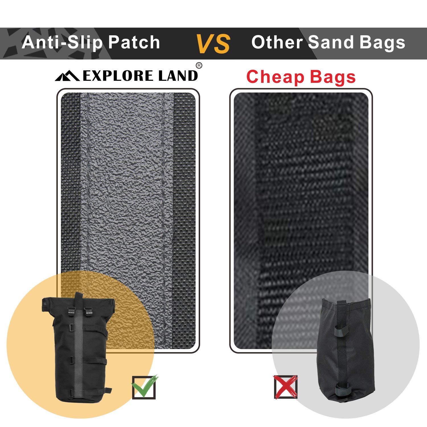 Explore Land 2-in-1 Weight Bag for Portable Pop-up Canopy Tent Gazebo Outdoor Up to 30 lb, without Sand 01(8 Pack, Black)
