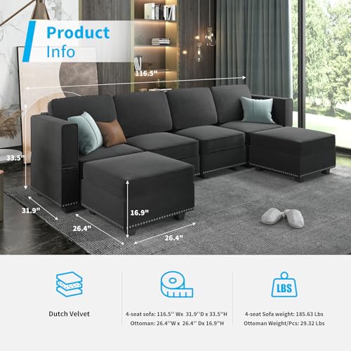 Mjkone Modular Sectional Sofa with Adjustable Armrest and Backrest for Living Room,U Shaped Couch 6 Seater Convertible Sectional Couch with Storage Ottoman -Dark Grey