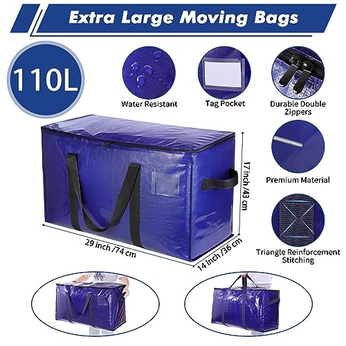 Uhogo Moving Bags Heavy Duty - 6 Pack Extra Large 110L Storage Bags with Strong Handles and Zippers - Durable, Waterproof and Space-Saving Alternative to Moving Boxes (Blue)