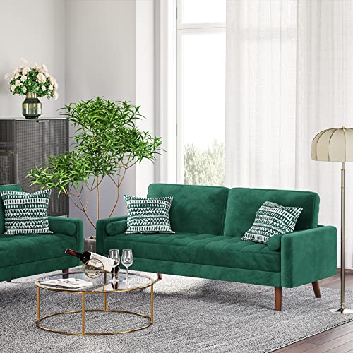 Vesgantti 58 inch Loveseat Sofa, 2 Seater Sofa for Small Space, Button Tufted Green Velvet Couch with 2 Pillows, Mid Century Modern Couch w/Armrest, Small Couches for Living Room, Bedroom, Apartment