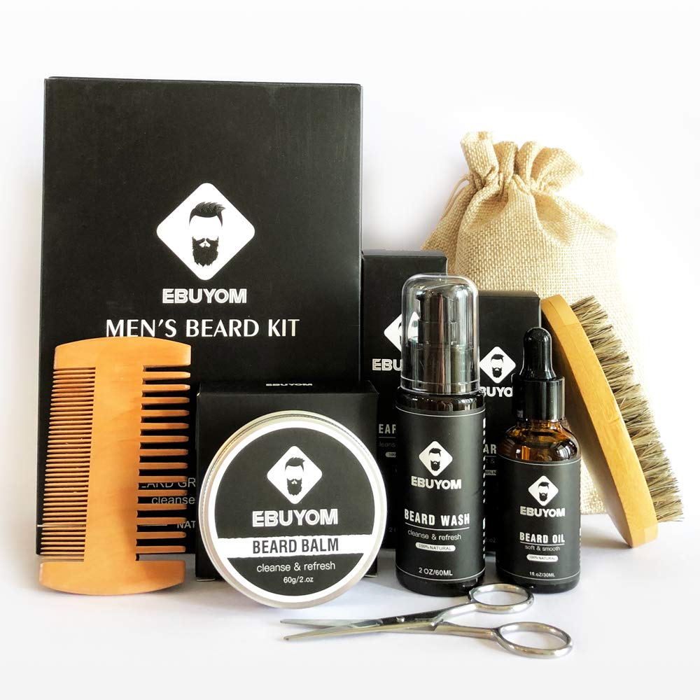 EBUYOM Beard Kit Beard Care For Men,Beard Oil,Beard Balm,Beard Shampoo,Beard Wooden Comb,Beard Brush,Mustache Scissors,Storage Bag,Beard Growth Grooming & Trimming Gift Set Beard Growth Kit