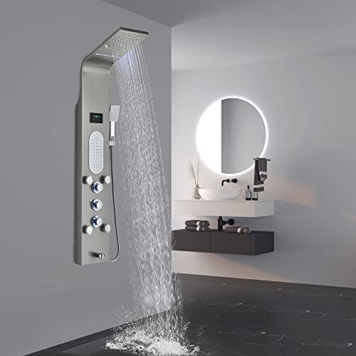 LED Shower Panel Tower System Wall-Mounted Complete Shower Column with Rain Massage Full Body shower Jets Tub Spout Handheld Shower, Brushed Nickelā¦
