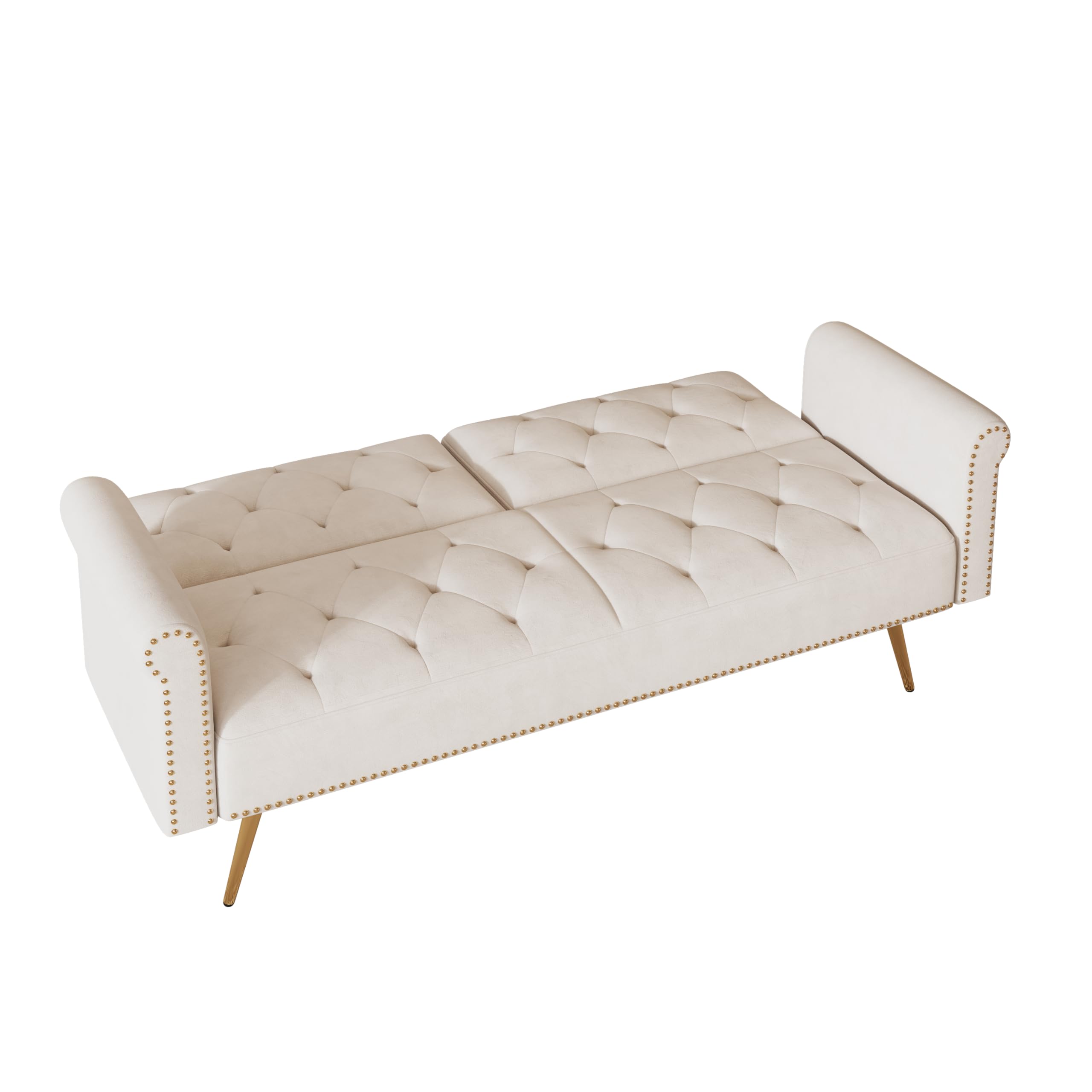 FIQHOME 69.7" Futon,Convertible Folding Bed Couches with 3 Adjustable Backrests,Velvet Nail Head Reversible Sleeper Sectional Sofa with Throw Pillow,for Living Room Apartment,Beige