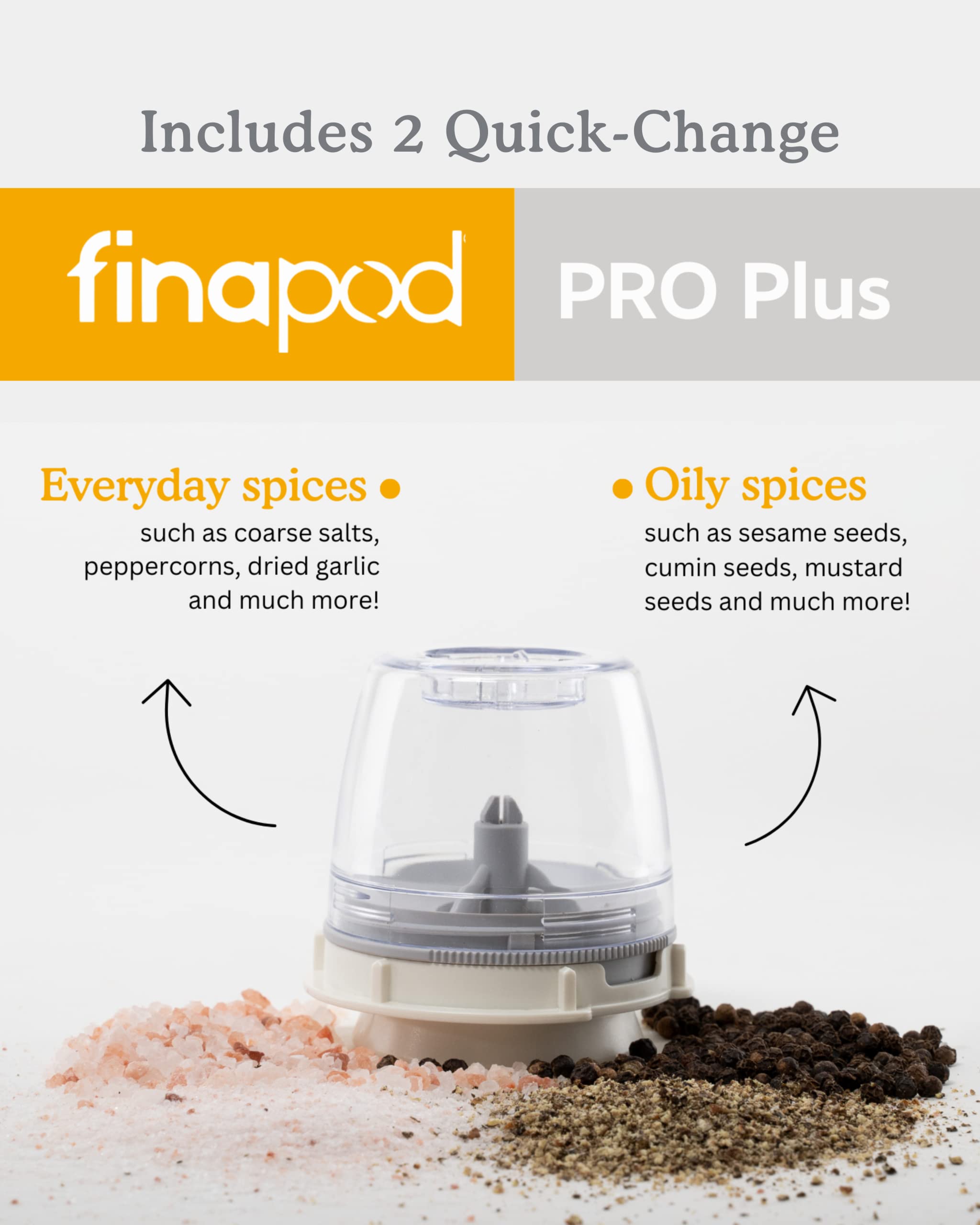 Finamill’s Spice Grinder Salt & Pepper Deluxe Gift Set - Includes One Battery-Operated Finamill, Two Finapod PRO Plus Grinding Pods, Two Packets of Salt and Peppercorn Finaspice (Stone)