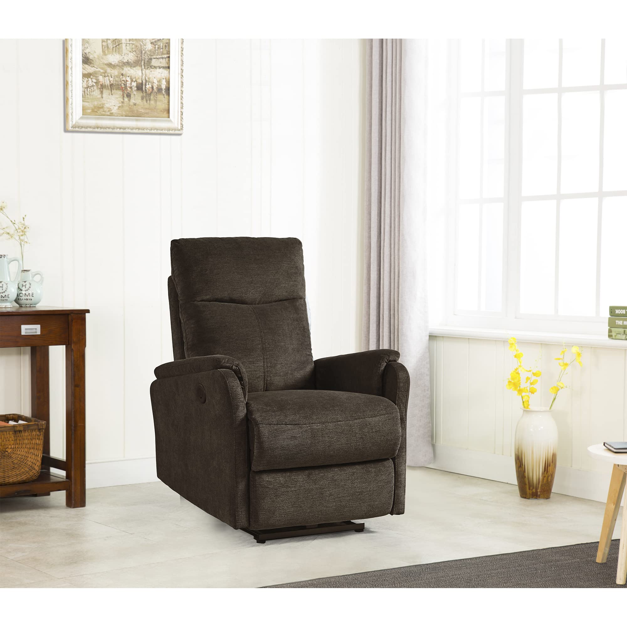 FIQHOME Electric Power, Fabric Single Sofa Recliner Function,Ergonomic Lounge Chair, Home Theater Seating with USB Charge Port for Small Room,Dark Brown