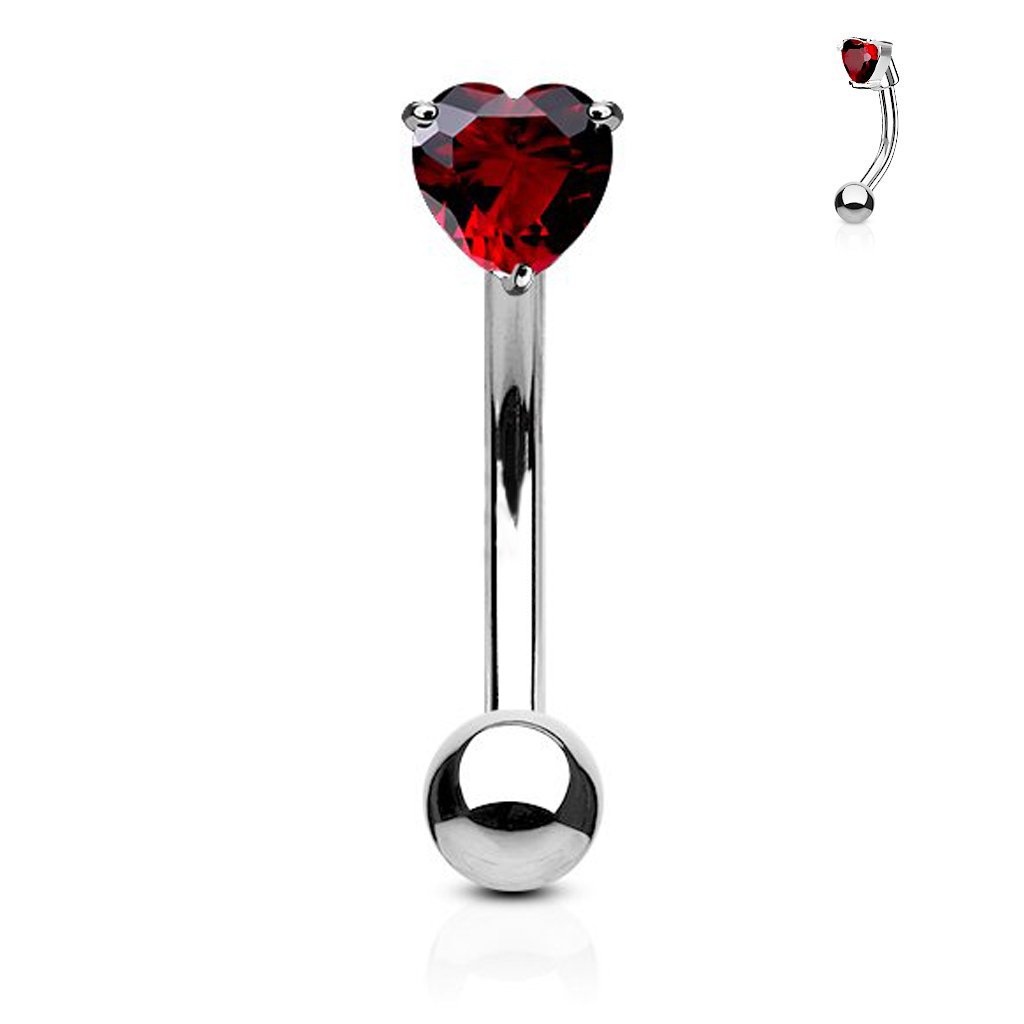 FIFTH CUE 16G 3mm Heart CZ Prong Set 316L Surgical Steel Eyebrow Curved Barbell Ring (Red)