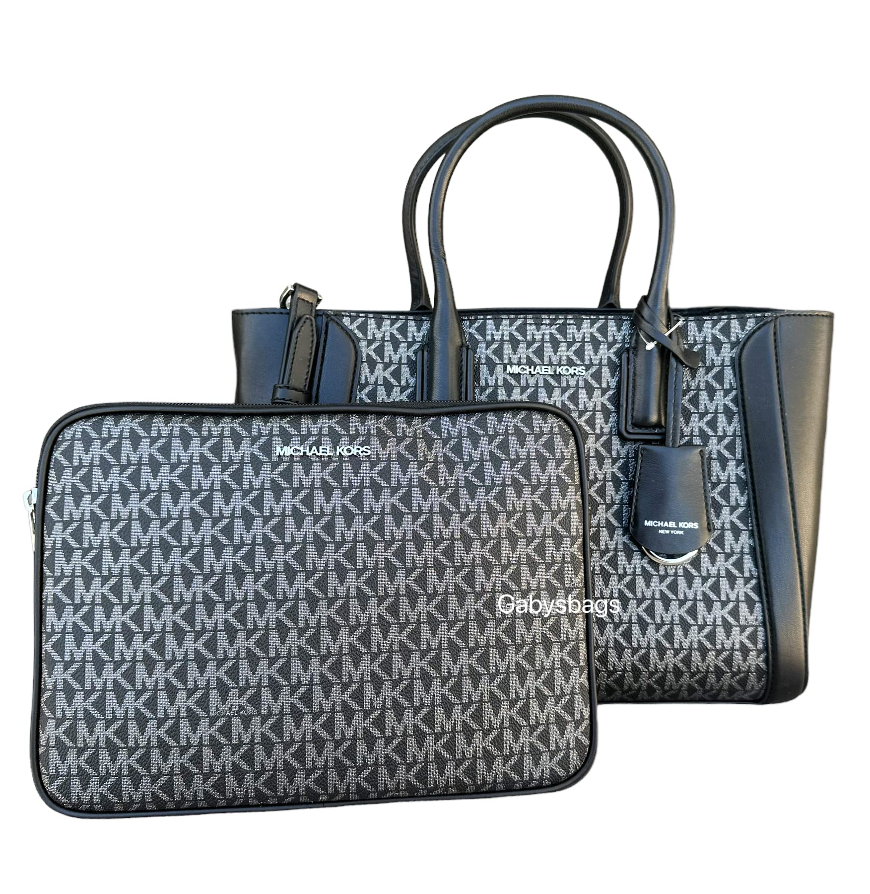 Michael Kors Kali Medium Satchel Tote Crossbody Signature MK + Ipad Case (Black Silver Multi)