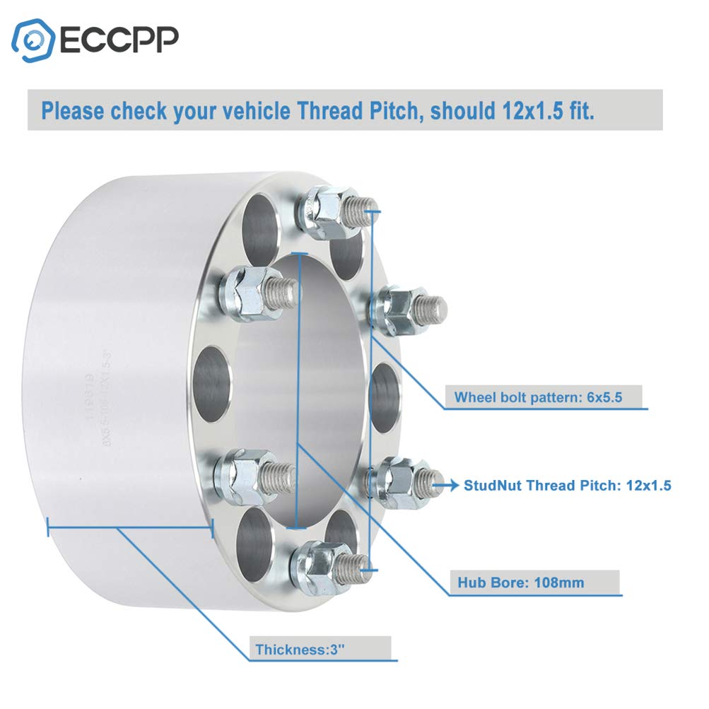 ECCPP 2PCS 6 Lug 3" inch Wheel Spacers 6x5.5 to 6x5.5 12x1.5 108mm Silver Compatible with for TACOMA 2005-2022 for TUNDRA 2000-2006 for 4RUNNER 1988-2022