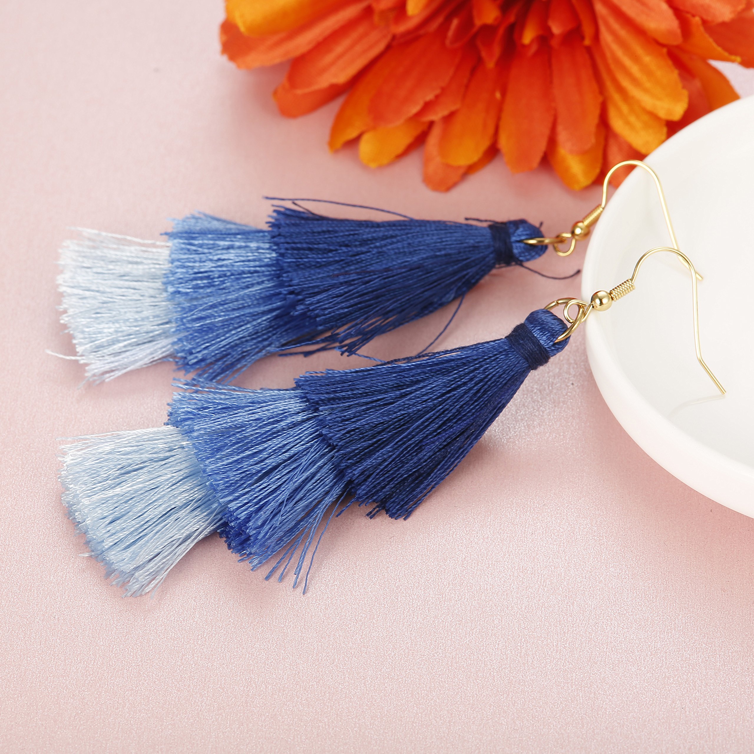 FINREZIO Dangle Tassel Blue Earring for Women Boho Earring Long Thread Tassel Earrings Bohemian Fringe Drop Handmade EarringsGradient