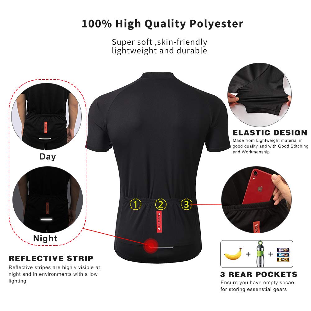 FEIXIANG Men's Cycling Bike Jersey Short Sleeve Moisture Wicking Breathable Biking Shirts with 3 Rear Pocket Black