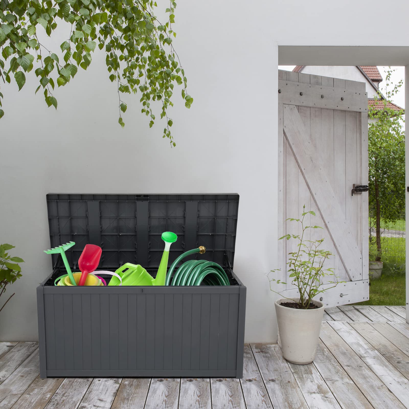VINGLI Upgraded 113 Gallon Outdoor Storage Box, Lockable Plastic Storage Containers with Lid, Wooden Grain Surface Deck Box Patio Furniture for Garden, Pool, Balcony, Yard (Grey)