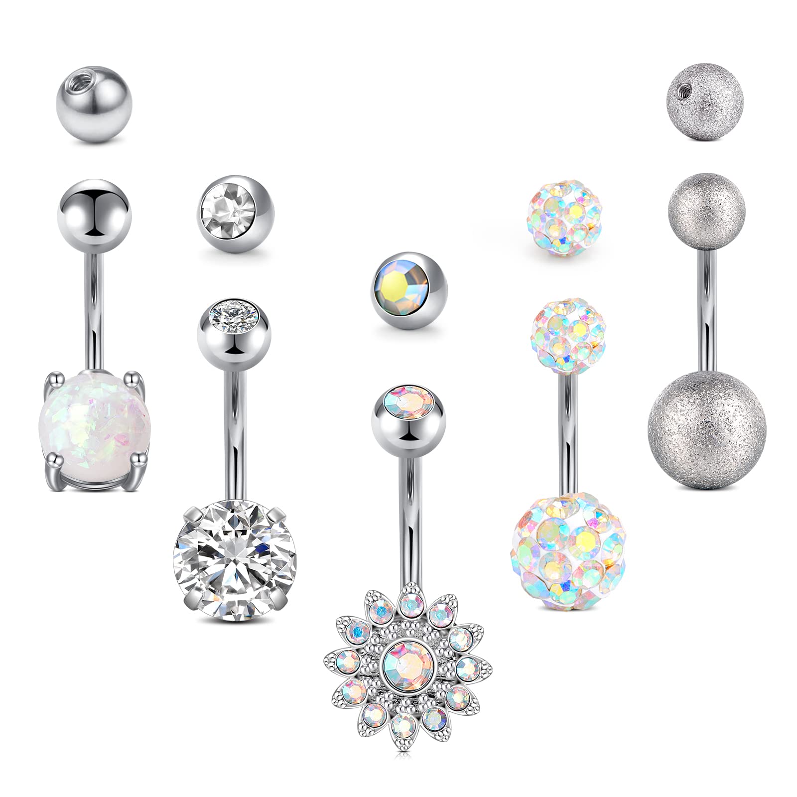 FECTAS 14g Belly Button Rings with Replacement Tops Balls Surgical Steel CZ Navel Ring Barbell for Women Body Piercing Jewelry Rose Gold Silver