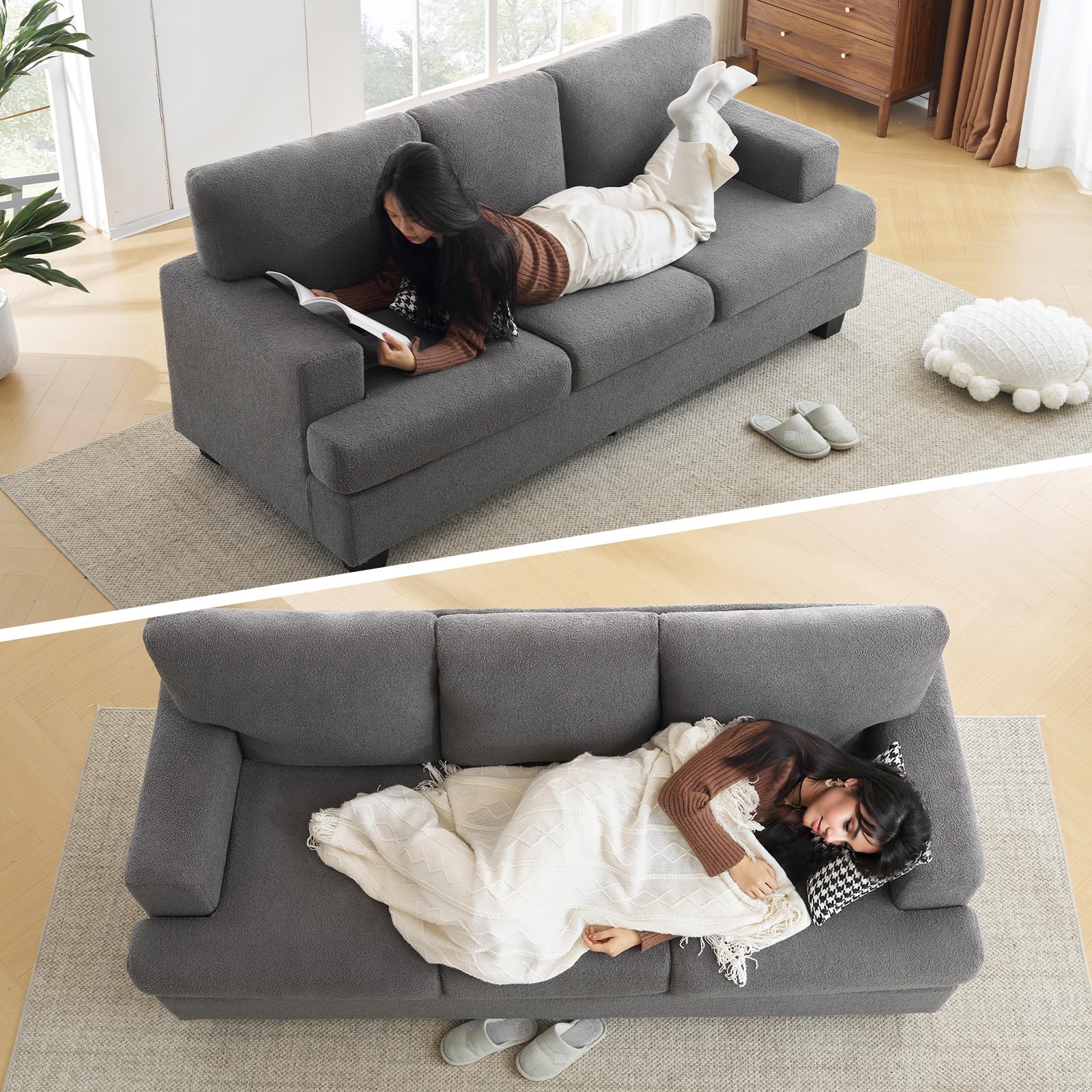 SENYUN 3-Seater Sofa Couch,Comfy Couch with Upholstered Cushions & Square Armrest,Modern Sofa with Deep Seats, Bouclé Home Sofa Couches for Living Room,Apartment,Bedroom,Office(Grey)