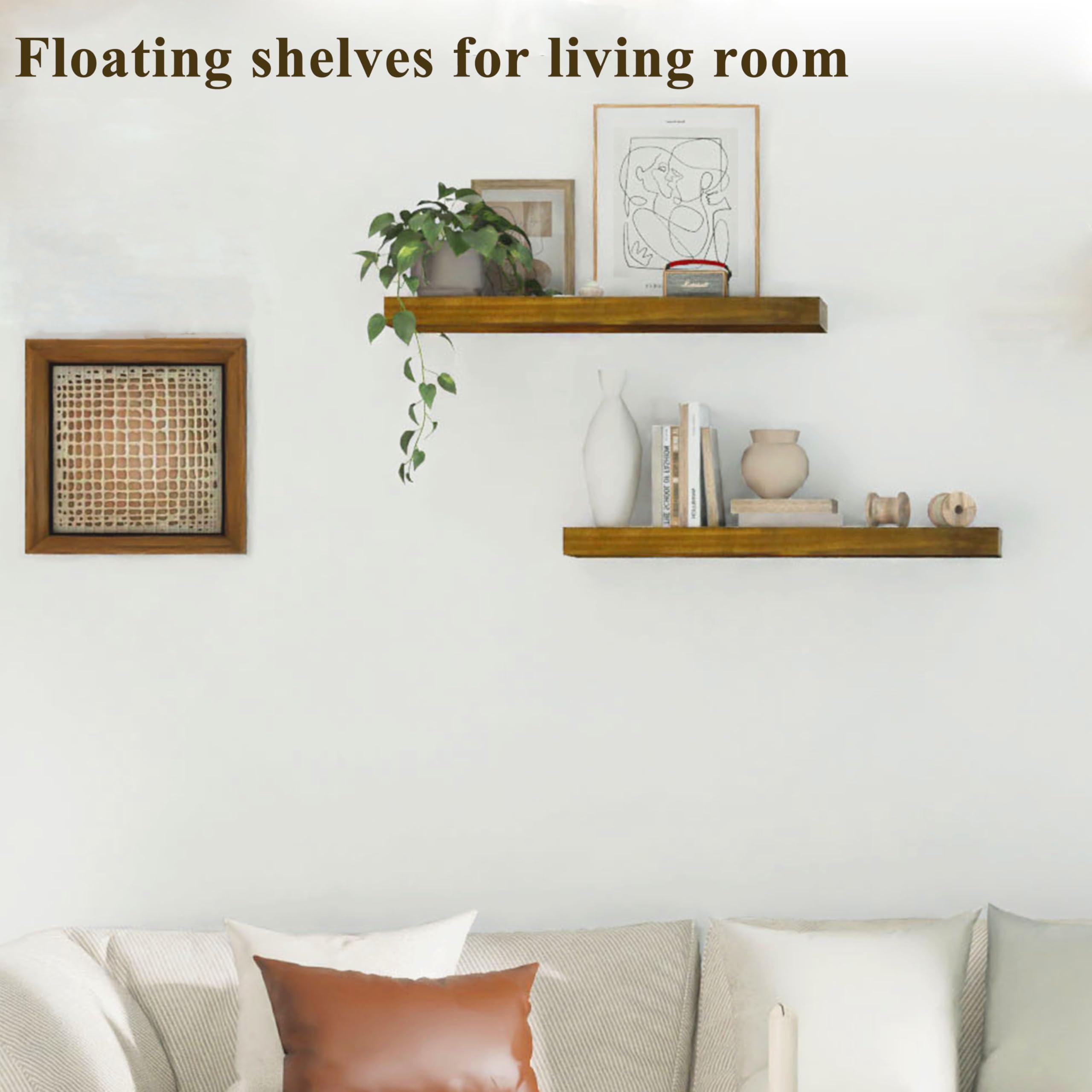ROGMARS 36 Inches Long Walnut Floating Shelves,Rustic Solid Wood Farmhouse Wall Shelves with Invisible Brackets for Bathroom, Living Room, Bedroom, Kitchen Set of 2