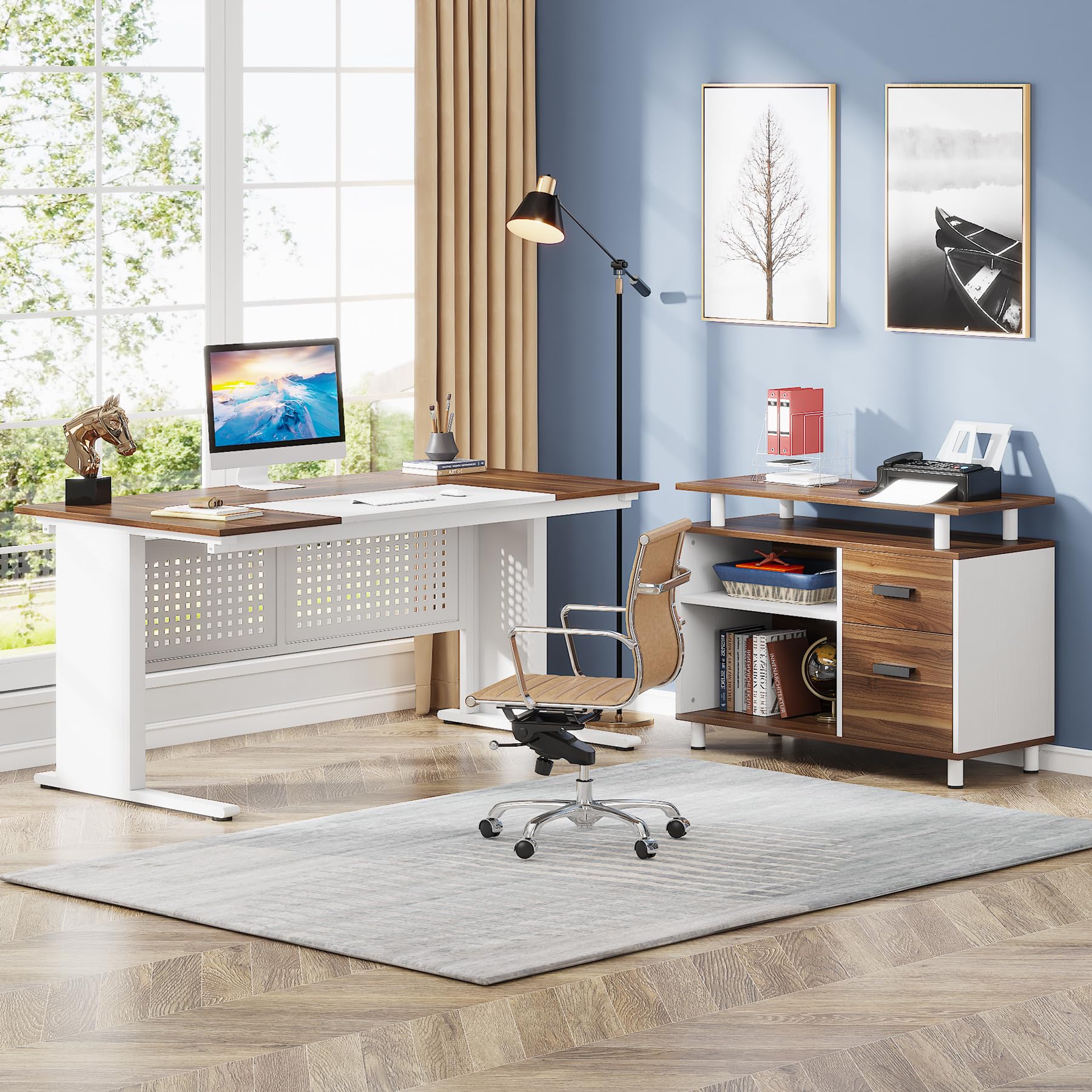 Tribesigns 63 Inch Executive Desk with File Cabinet, Large Office Desk L Shaped Computer Desk with Drawers and Storage Shelves, Business Furniture Desk Workstation for Home Office, White and Walnut