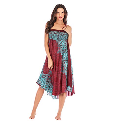 Long Skirts for Women Fall with Pockets Elegant Waist Boho Floral Flowers Elastic Gypsy Halter Bohemian Hippie Skirt Red