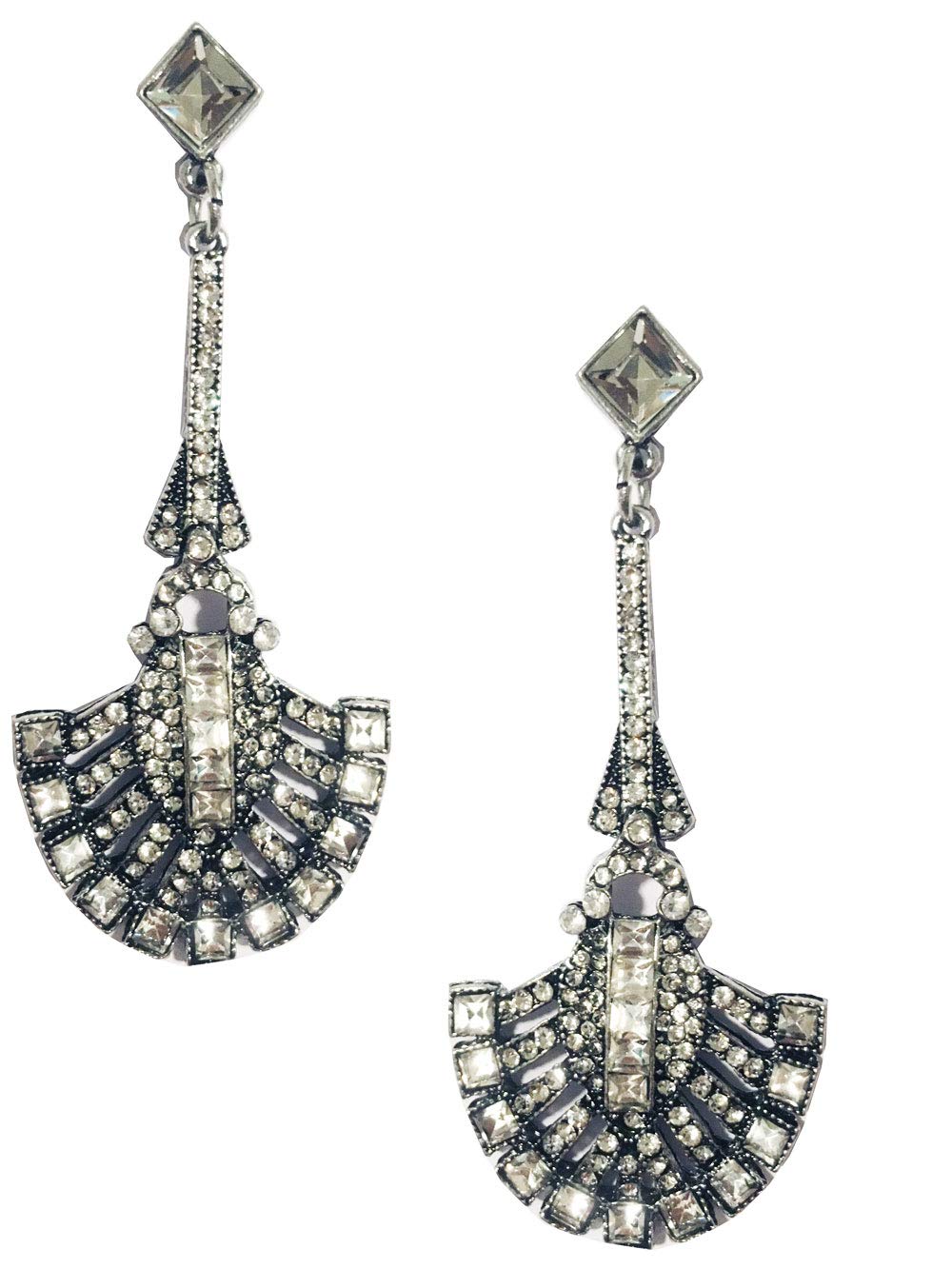 Extra Long Silver Tone Classic Art Deco Antique Vintage Retro Style Silver Tone Gatsby Fan Rhinestone Bridal Prom Wedding Earrings