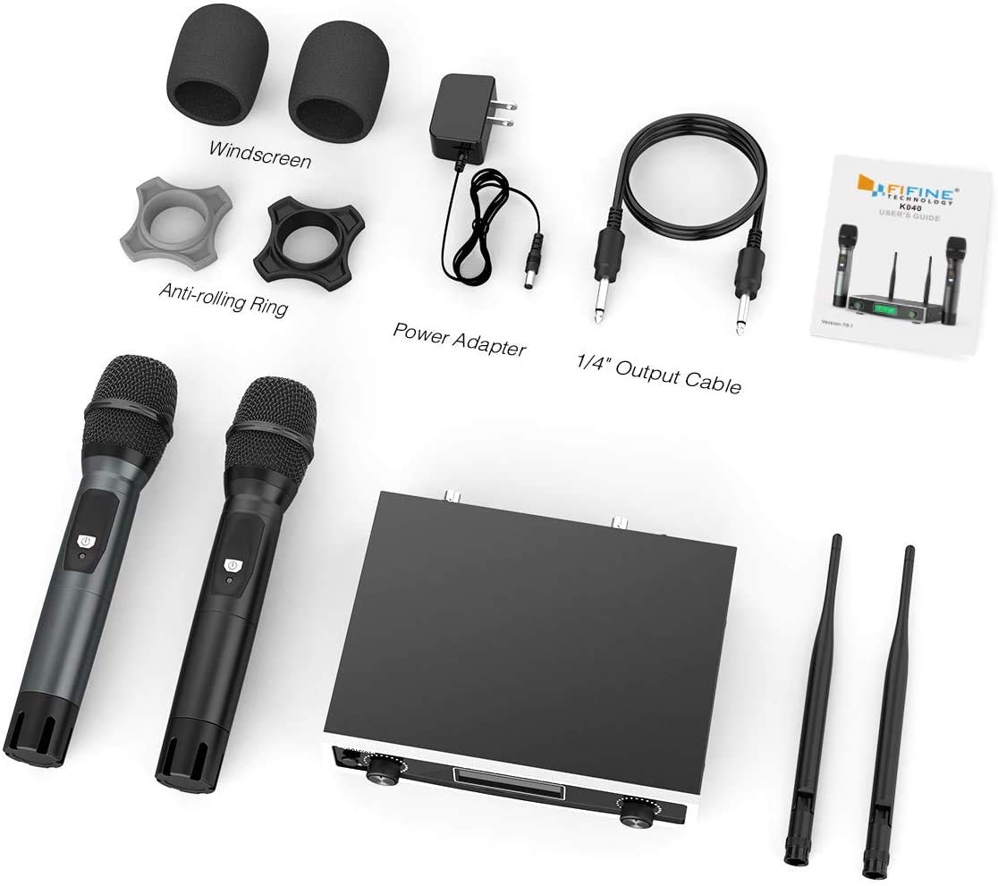 Fifine Wireless Microphone System, Two Handheld Dynamic Cordless Mic and Dual Channel Receiver, 50 Selectable UHF Frequency for Karaoke Singing Party,Church,DJ,Wedding,School Presentation.(K040)