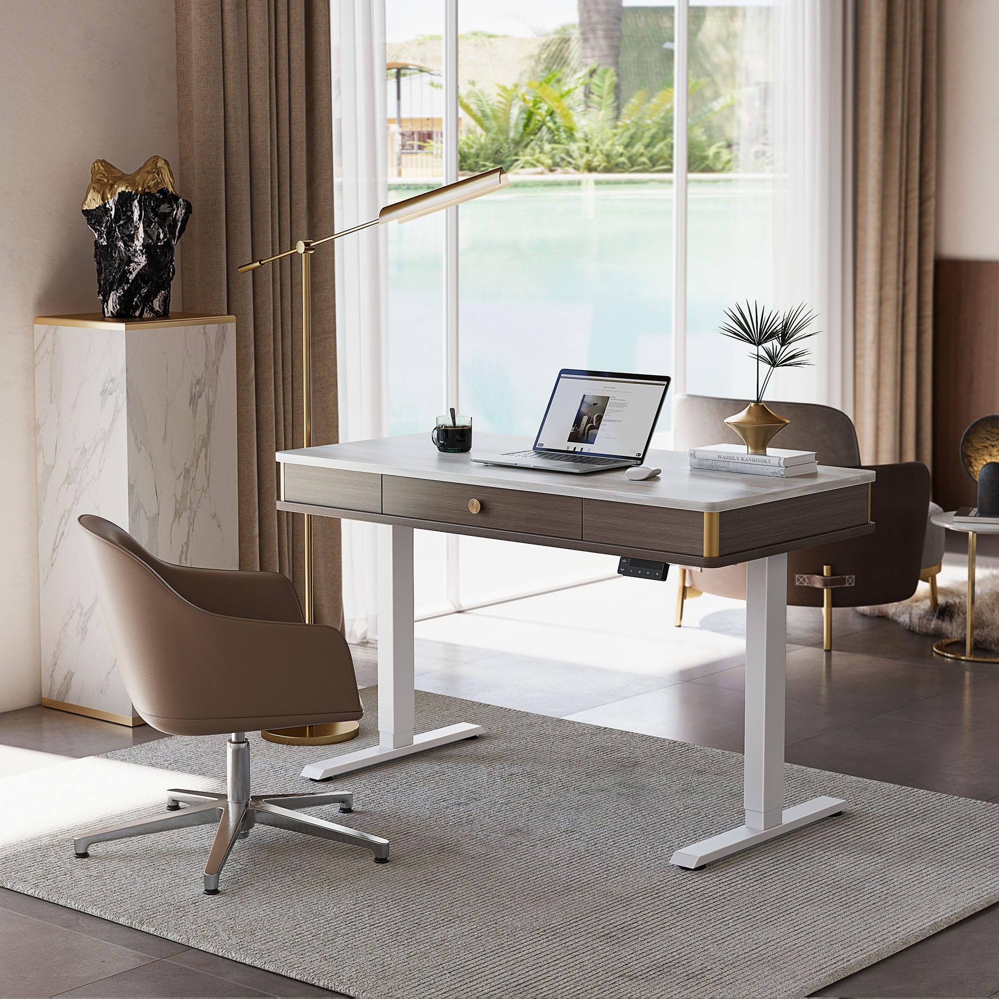 FEZIBO 48X26 Inches Boho Style Height Adjustable Electric Standing Desk with 3 Rattan Drawers, 48X26 Inches Stand up Desk with Large Storage Space, White(2 Packages)