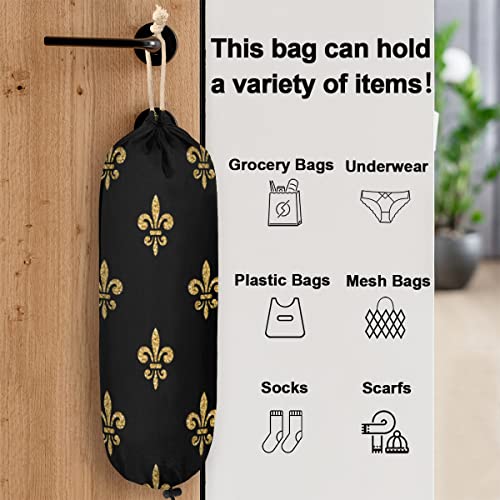 Plastic Bag Holder Golden Fleur De Lis Pattern Wall Mount Grocery Bag Holder Washable Plastic Bag Dispenser Garbage Bag Organizer for Home Kitchen Decor, Gifts for Women Mom Family Friends
