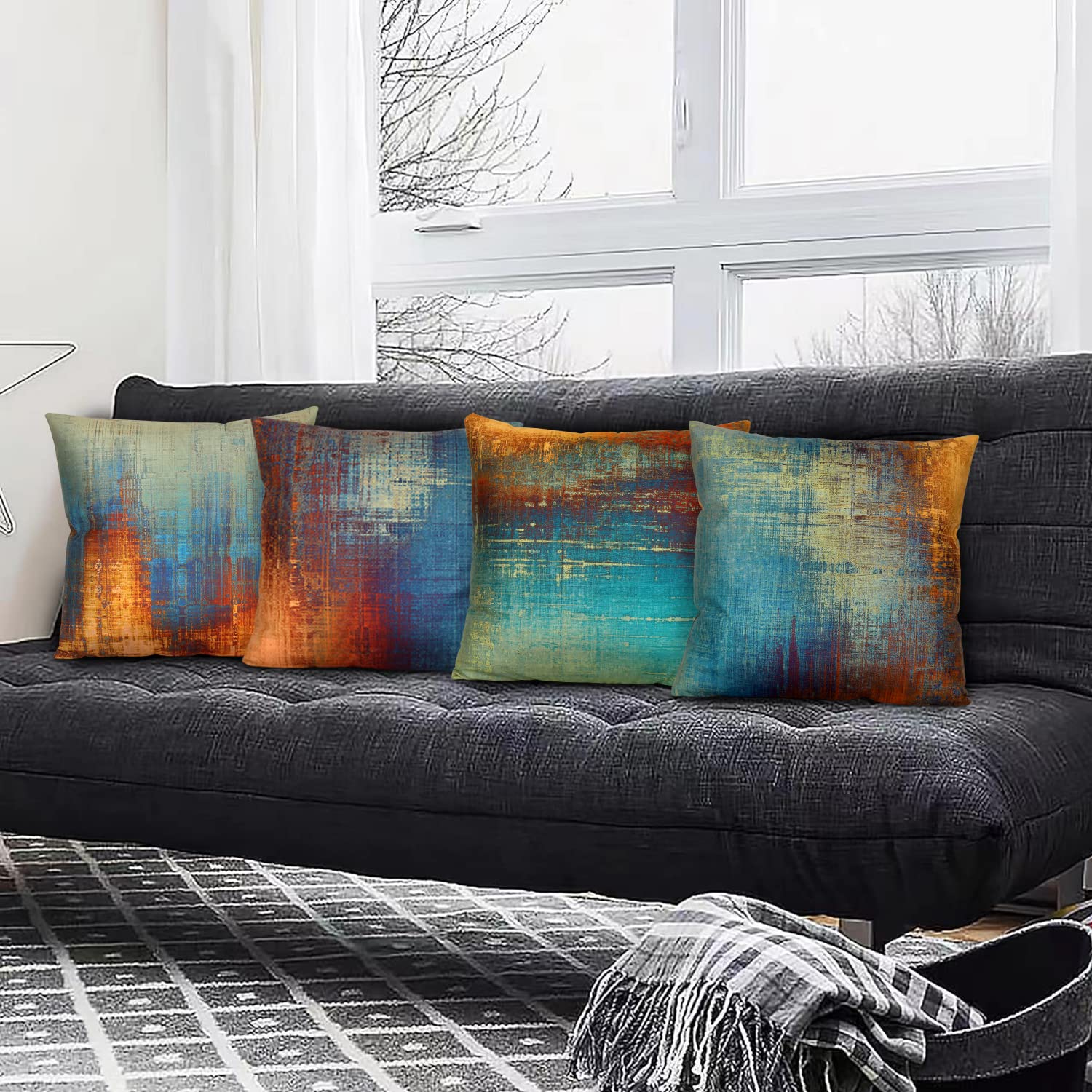 Ficakst Decorative Pillow Covers 20x20 set of 4, Blue Teal and Orange Art Artwork Contemporary Decorative Pillow Covers for Bedroom Sofa Living Room