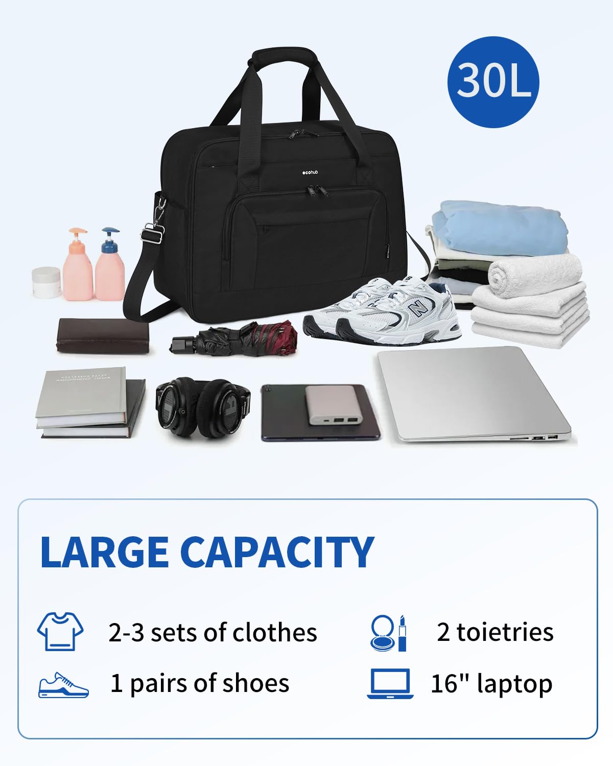 ECOHUB For Spirit Airlines Personal Item Travel Bag 18x14x8 Underseat Carry On Bag Water Resistant Duffel Bag Weekend Bag With Laptop Sleeve & Wet Pocket, Overnight for Men, 30L, Black