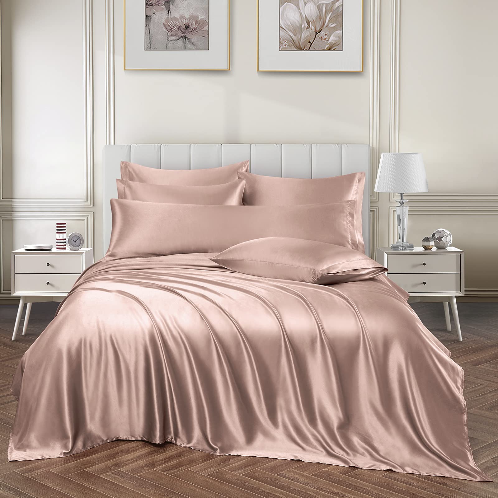 Ersmak 7 Pieces Satin Sheets Set Full Size, Luxury Silky Champagne Satin Bed Sheets Set with 1 Deep Pocket Fitted Sheet, 1 Soft Flat Sheet, 4 Queen Pillowcases and 1 Body Pillowcase