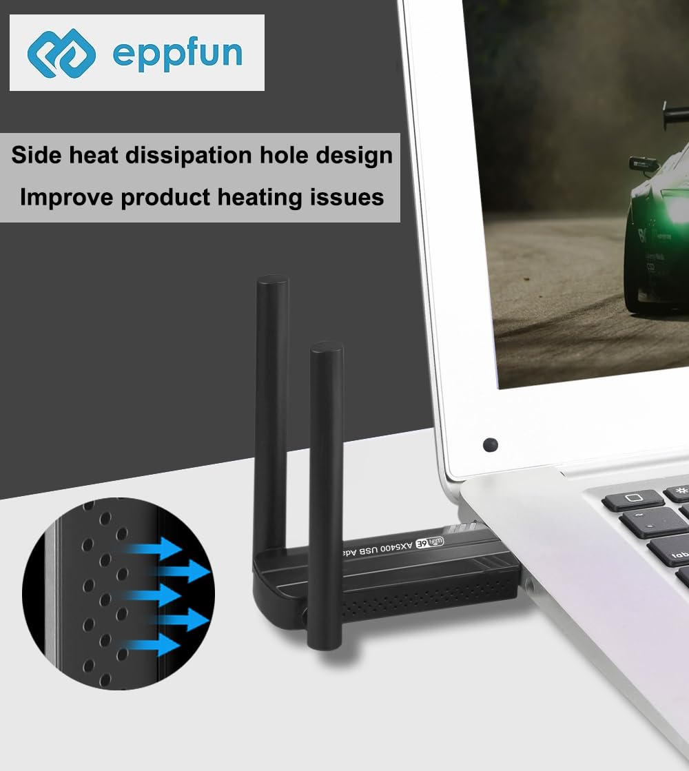 eppfun WF06E WiFi 6e 5400Mbps USB3.0 Adapter for PC/Desktop/Laptop, WiFi Stick Dongle with 2.4GHz/5GHz/6GHZ, Auto Driver, MU-MIMO, Low- Latency, Supports Win11/10
