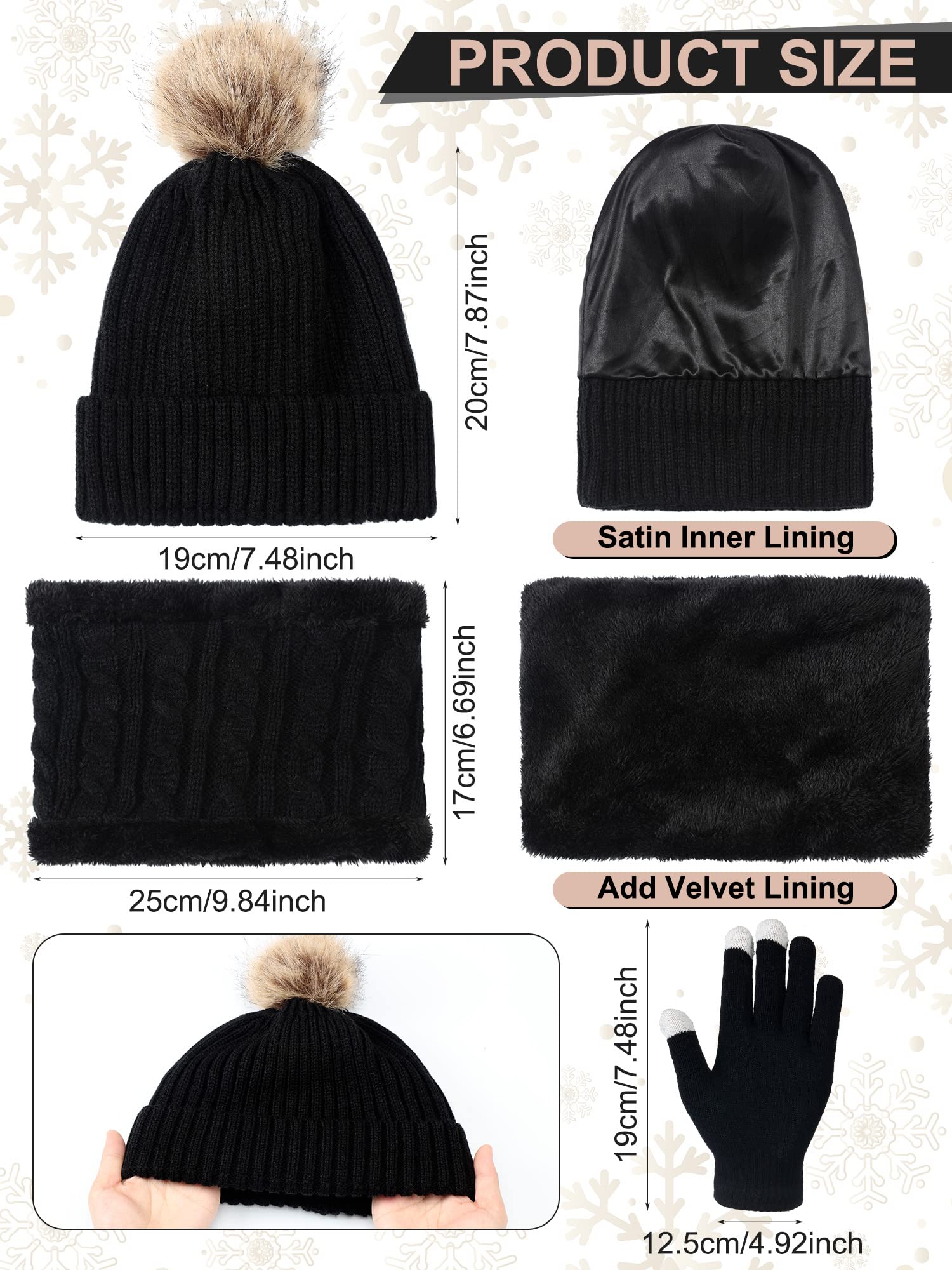 Eurzom 5 Pcs Women Warm Hat and Gloves Scarf Set Knitted Beanie Ski Outing Pompom Hat Winter Ear Warmer Ski Earmuffs Stocking (Black)