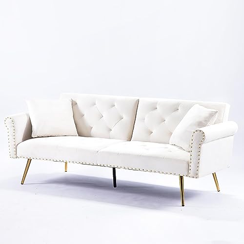 ERYE Beige Velvet with 2 Pillows 5 Legs Nailhead Decor