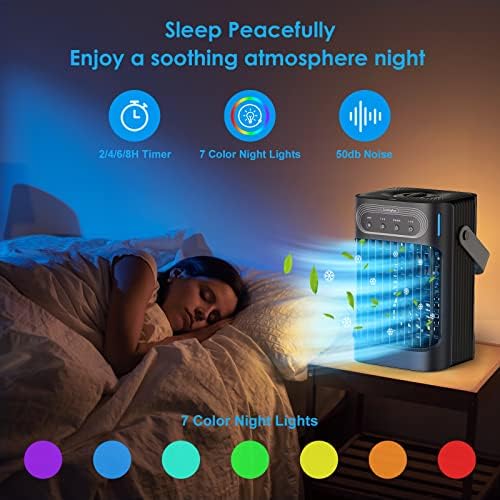 Portable Air Conditioners Cooling Fan β Daonsuty Mini Conditioner, Evaporative Cooler with 3 Cool Mist & Speeds, 7 Night Light 2-8H Timer, Personal for Bedroom Office Camping Black JBN-001
