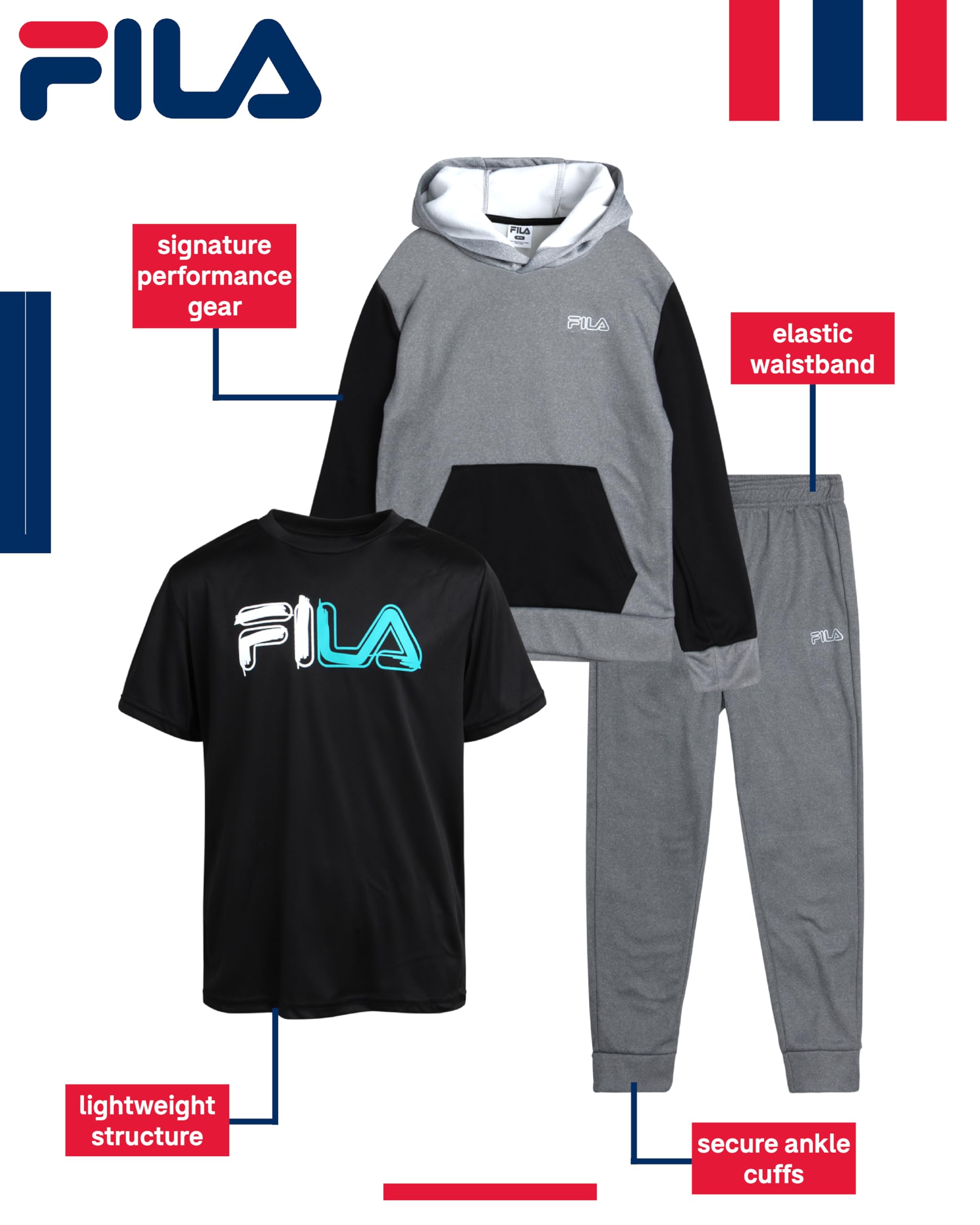 Fila Boys' Active Sweatsuit Set - 3 Piece Performance Hoodie Sweatshirt, Jogger Sweatpants, T-Shirt - Activewear Set (8-12), Size 8, Black