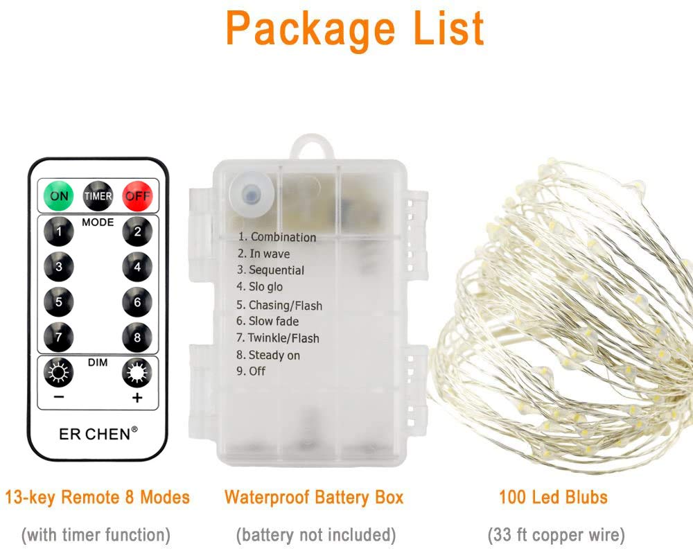 ErChen Battery Operated Silver Copper Wire Led String Lights, 33FT 100 Leds 8 Modes dimmable Waterproof Fairy Lights with Remote Control Timer for Indoor Outdoor Wedding Bedroom (Red)