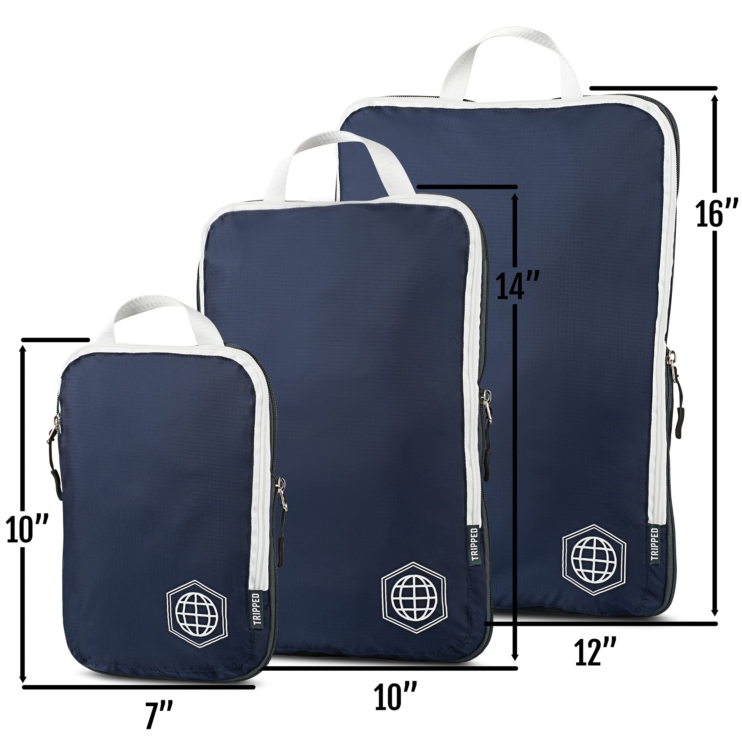 Extra Large Compression Packing Cubes for Travel Packaging Cube Luggage Organizers 7 Piece Set-Ultralight, Expandable/Compression Bags for Clothes (Navy/White))