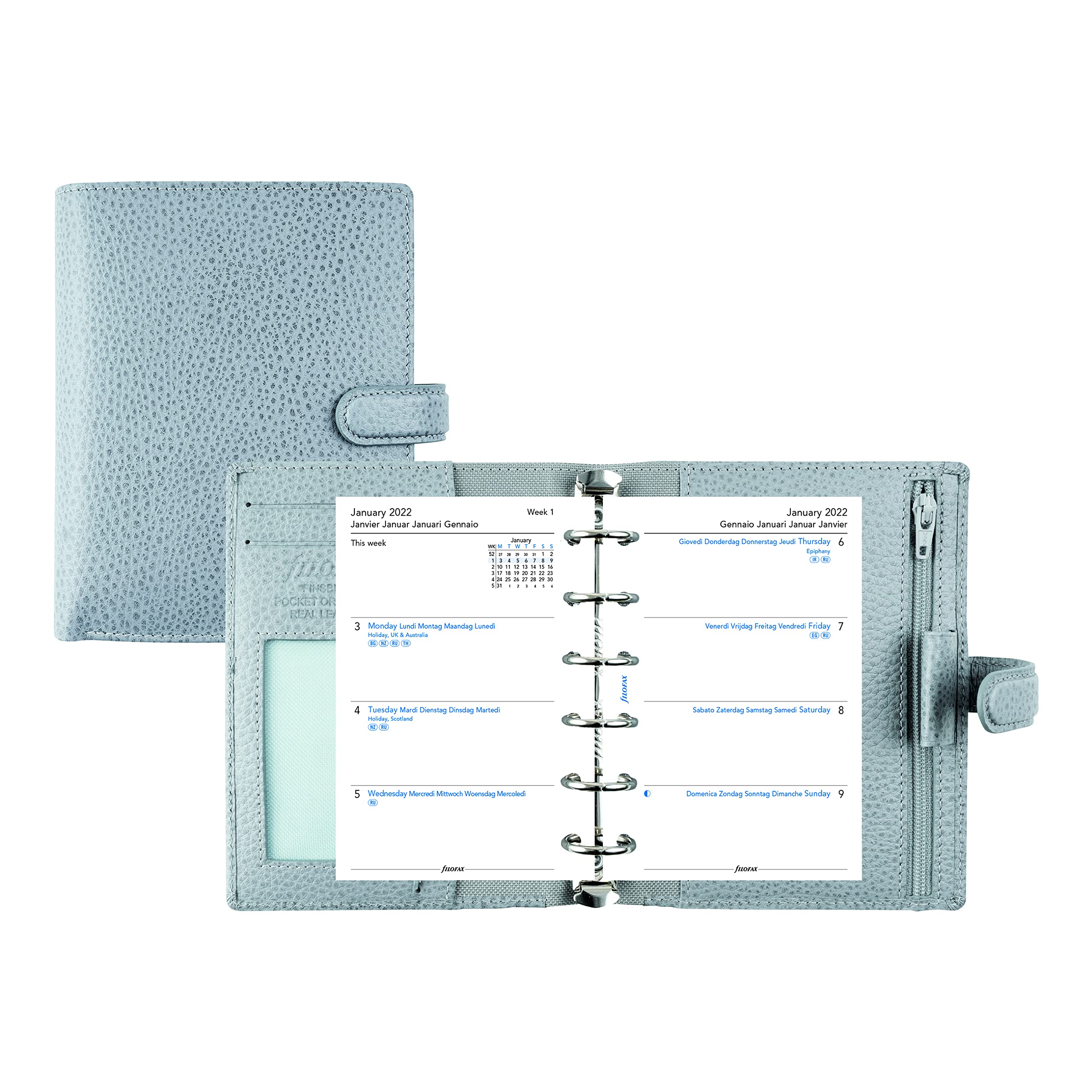 Filofax Finsbury Organizer, Pocket Size, Slate Grey - Traditional Grained Leather, Six Rings, Week-to-View Calendar Diary, Multilingual, 2022 (C029512-22)