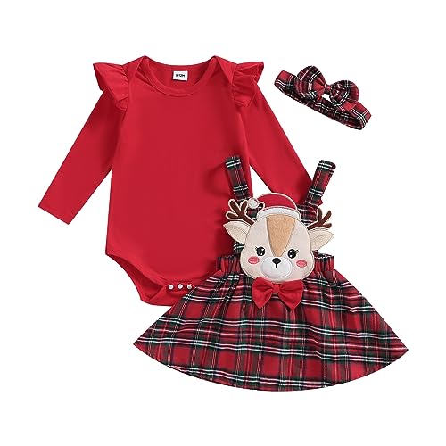 mlpeerw Newborn Baby Girl Christmas Outfit Infant Xmas Dress Clothes Ruffled Long Sleeve Romper Plaid Skirt Headband 3pcs (Red, 9-12 Months)