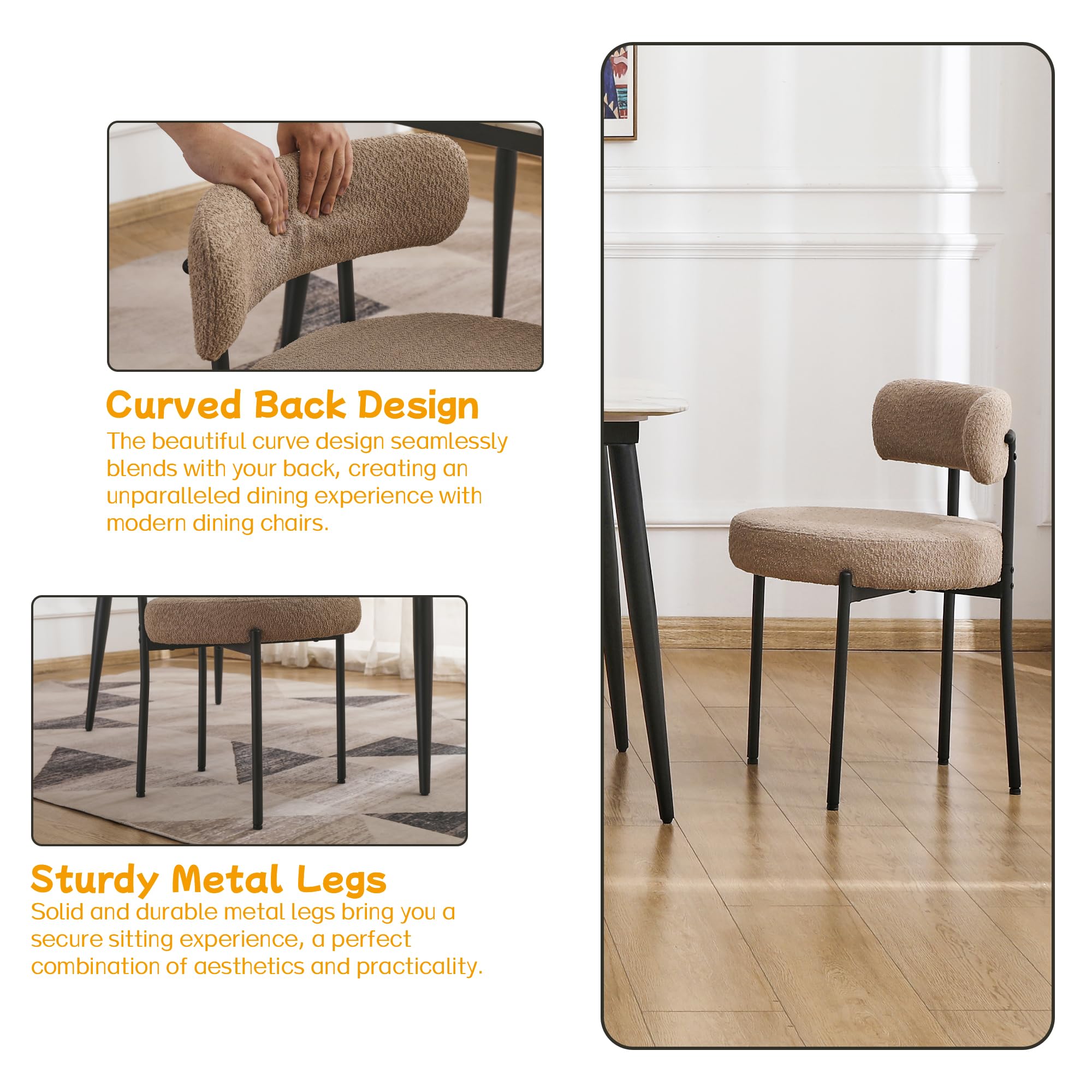 EDWELL Dining Chairs Set of 4, Round Upholstered Dining Room Chairs, Curved Backrest Boucle Dining Chair for Kitchen, Living Room, Mid Century Modern Dining Chairs with Black Metal Legs