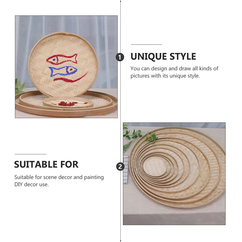 Healifty 4 Pcs Handwoven Flat Wicker Round Fruit Basket Woven Food Storage Weaved Shallow Tray Organiser Vegetable Fruit Bowl Kids DIY Drawing Board Wall Basket Decor for Kitchen Table Centerpiece