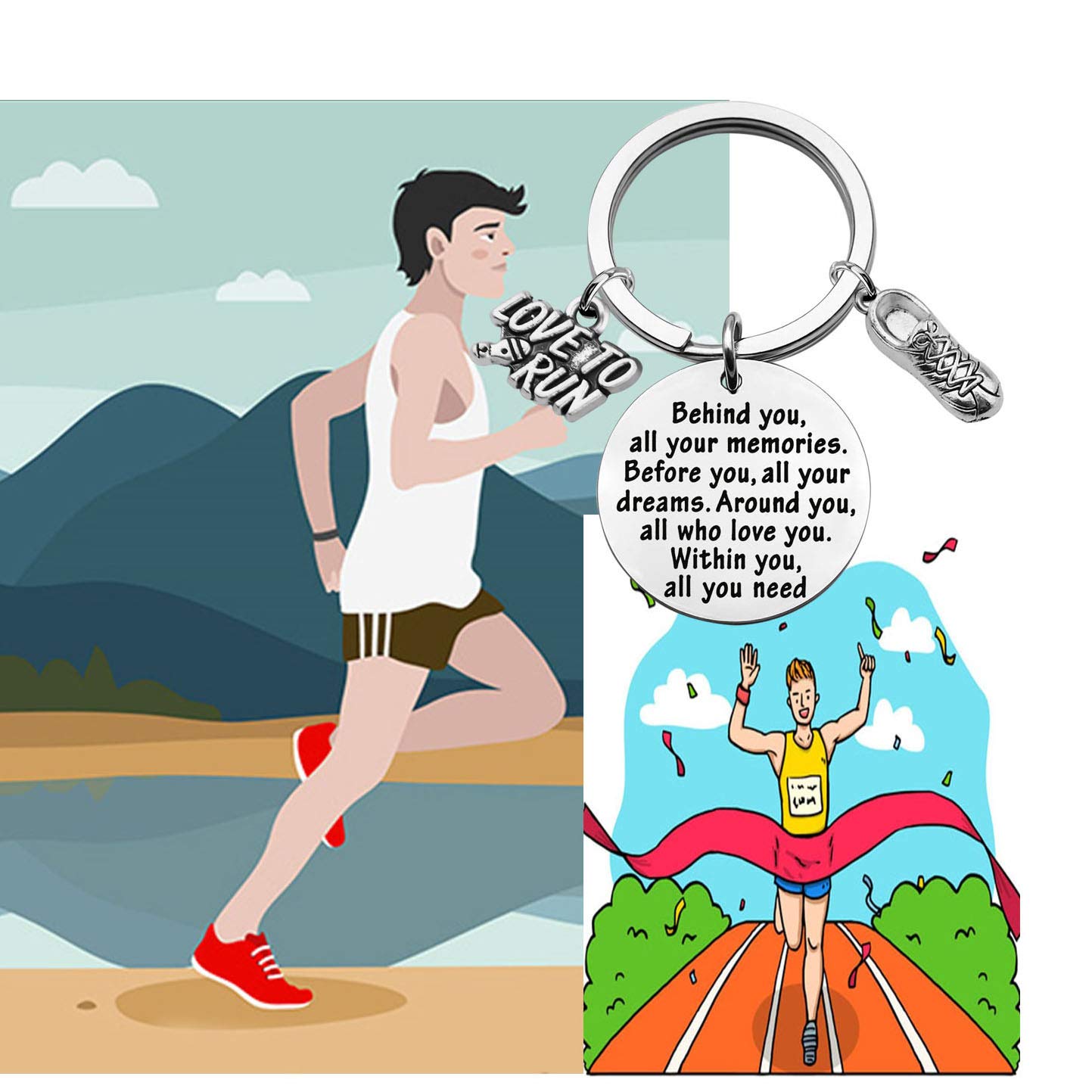 FEELMEM Marathon Runner Gifts Running Keychain Cross Country Track Marathon Jewelry Marathon Running Gift Track Gift(silver)