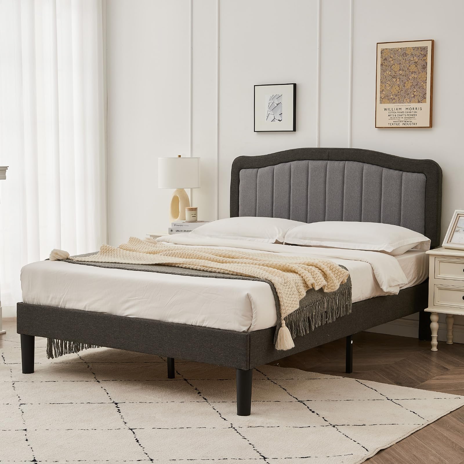 EZKozzy Full Bed Frame Upholstered Platform with Headboard and Strong Wooden Slats, Strong Weight Capacity, Non-Slip and Noise-Free,No Box Spring Needed, Easy Assembly, Grey Full Bed (Combo Grey)
