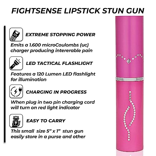 FIGHTSENSE Women Self Defense Kit W/Pepper Spray and Lipstick Stun Gun W/Flashlight, 25Burst, 1.6µC Painful Charge, Rechargeable Battery, includes Keychain Leather Pouch(Pink/PBSpray)