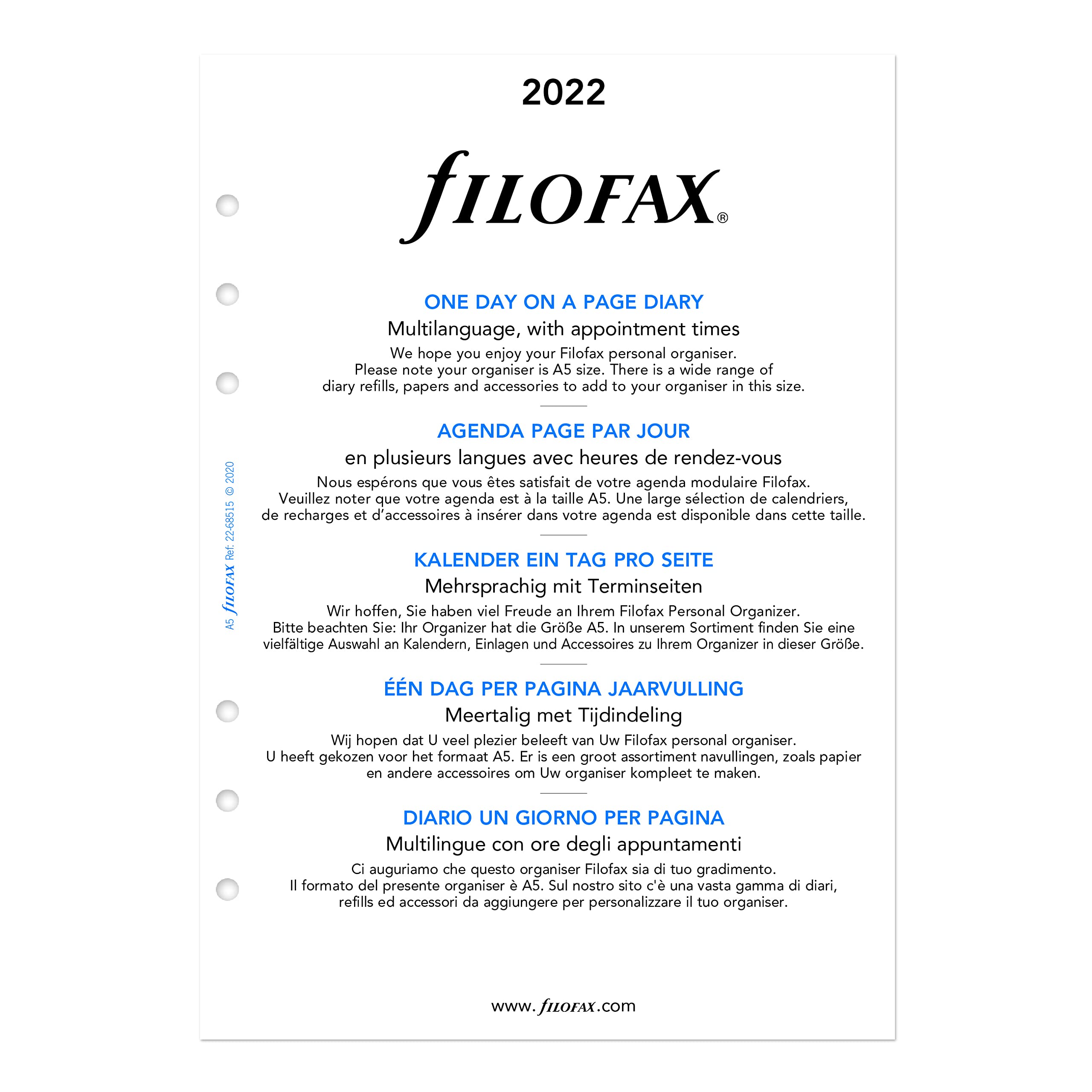Filofax Refill, A5 Size, Day on One Page with Appointments, White Paper, Multilingual: Five Languages, 2022 (C68515-22), 5.75 inches X 8.25 inches