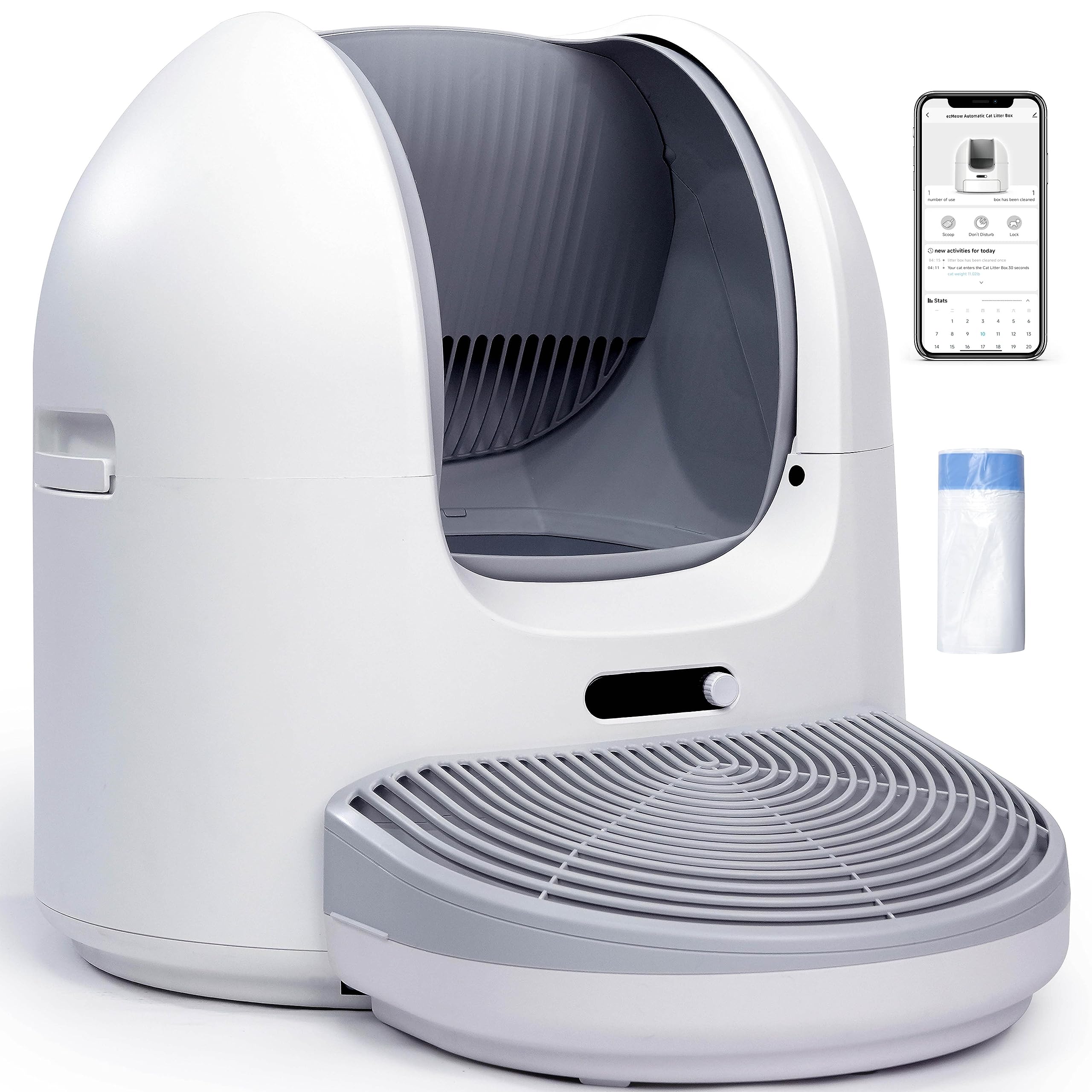 ezMeow Automatic Cat Litter Box,Self-Cleaning Cat Litter Box Smart Robot for Multi-Cats.Litter Trap Pedal,Open Entry,Sealed Waste Bin,Ozone Deodorization,7 Safety Sensor,App Control,Cat Recognition