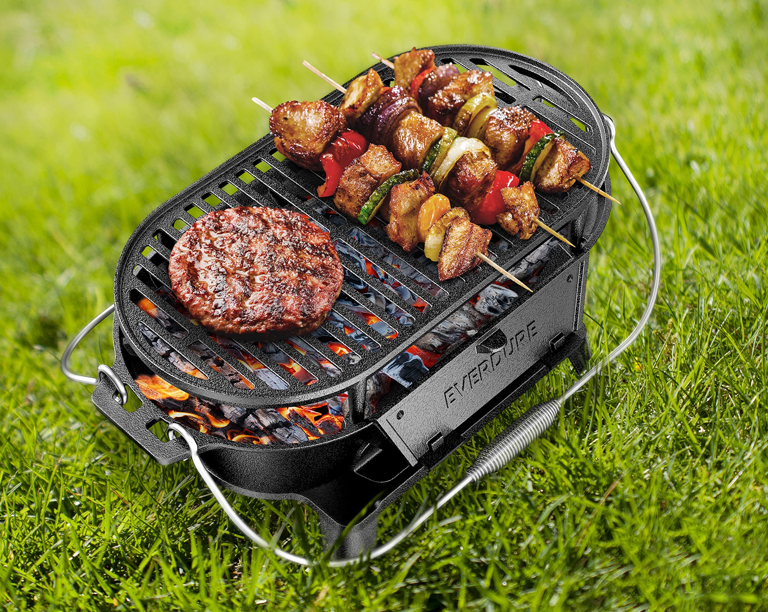 Everdure Oval Cast Iron Grill & Cover β Outdoor, Portable Charcoal Grill and Tabletop Cast Iron Skillet - 100% Cast Iron, Enameled, Durable, Small Charcoal Grill, Camping Stove, Hibachi Grill