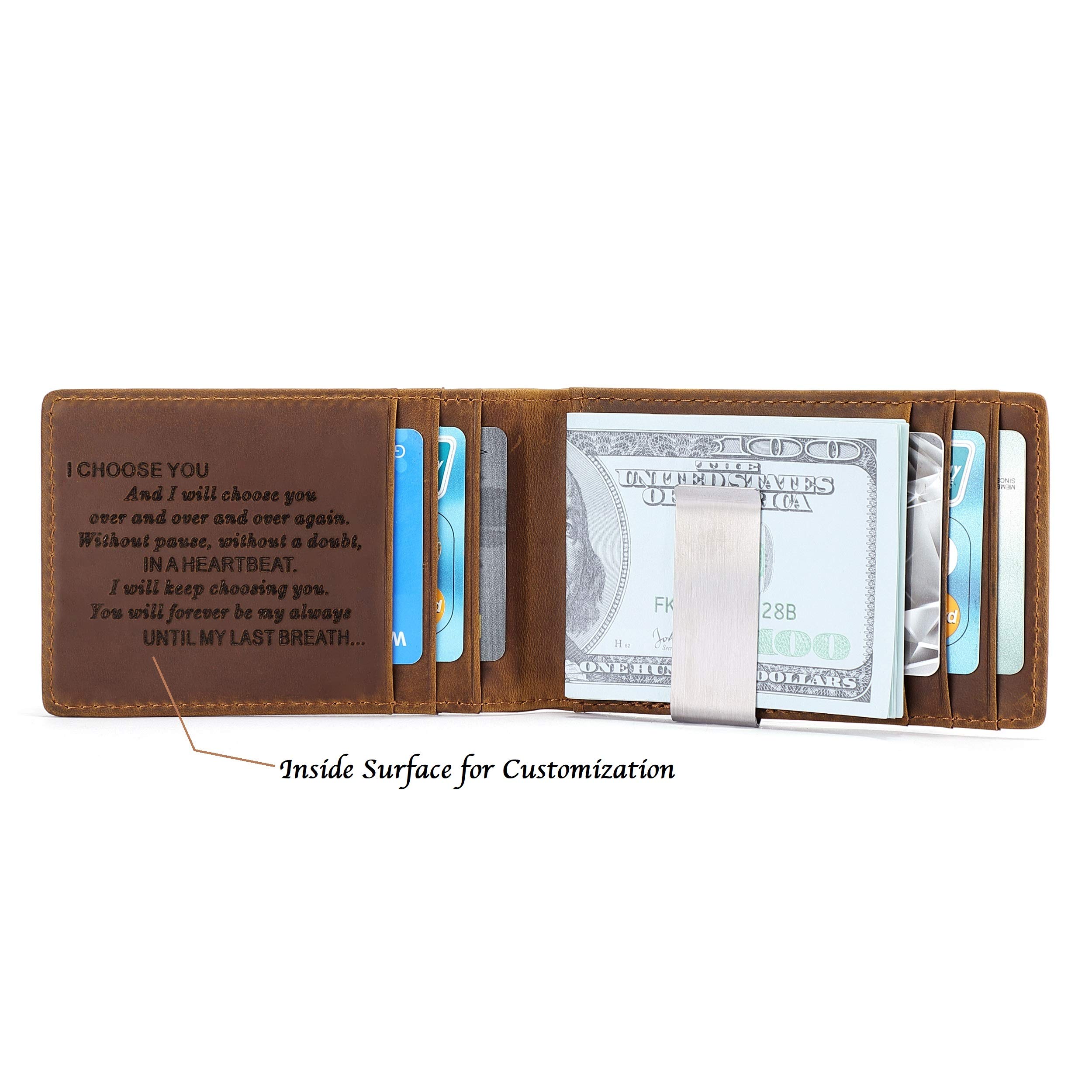 FeiYen Personalized Custom Engraved Minimalist Slim Metal Money Clip Wallet for Husband Dad Son Boyfriend Him - RFID Blocking Mens Leather Front Pocket Bifold Wallets with Mini Credit Card Holder