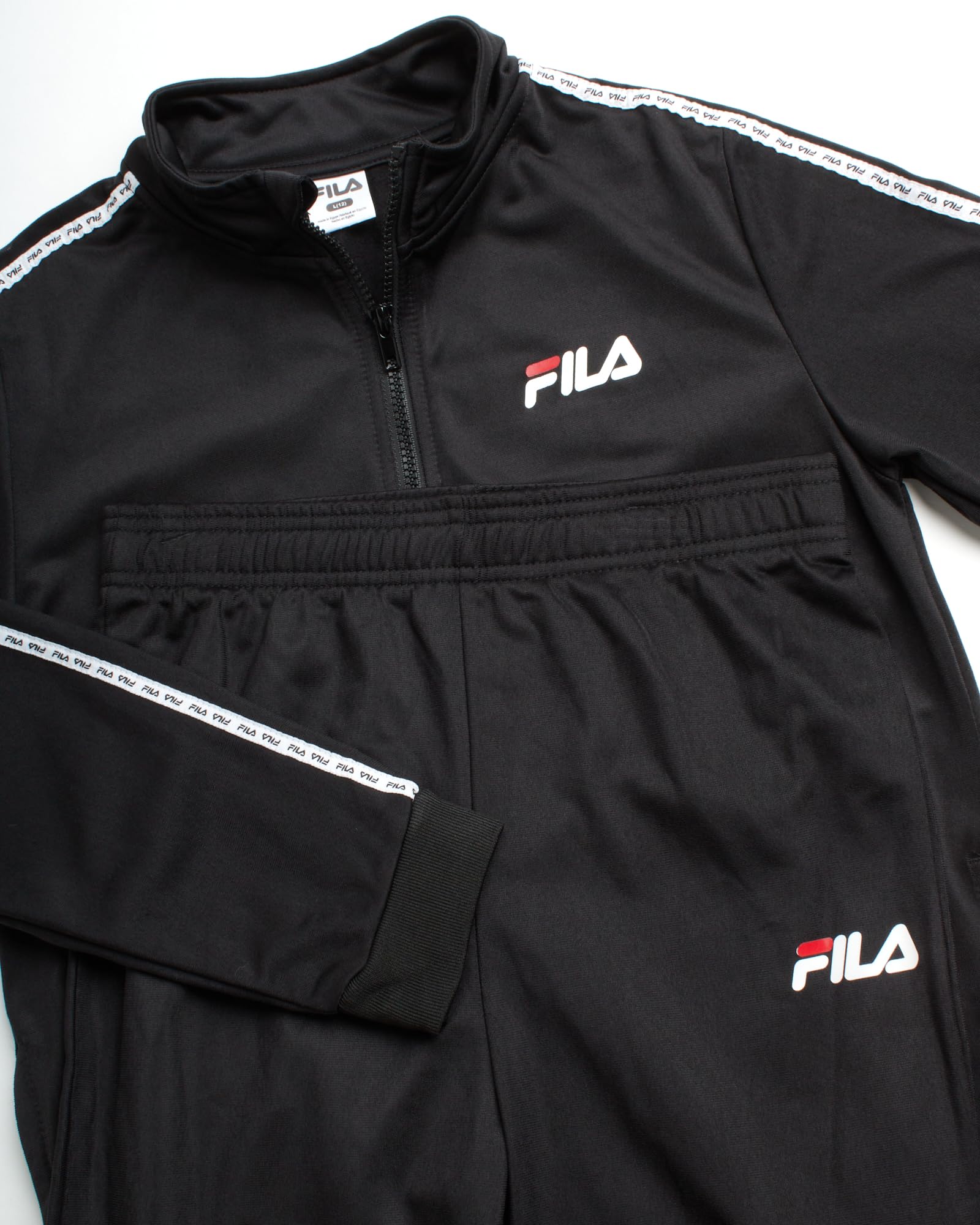 Fila Boys' Active Tracksuit Set - 2 Piece Performance Tricot Sweatshirt and Jogger Sweatpants - Activewear Set for Boys, 8-12, Size 10, Black