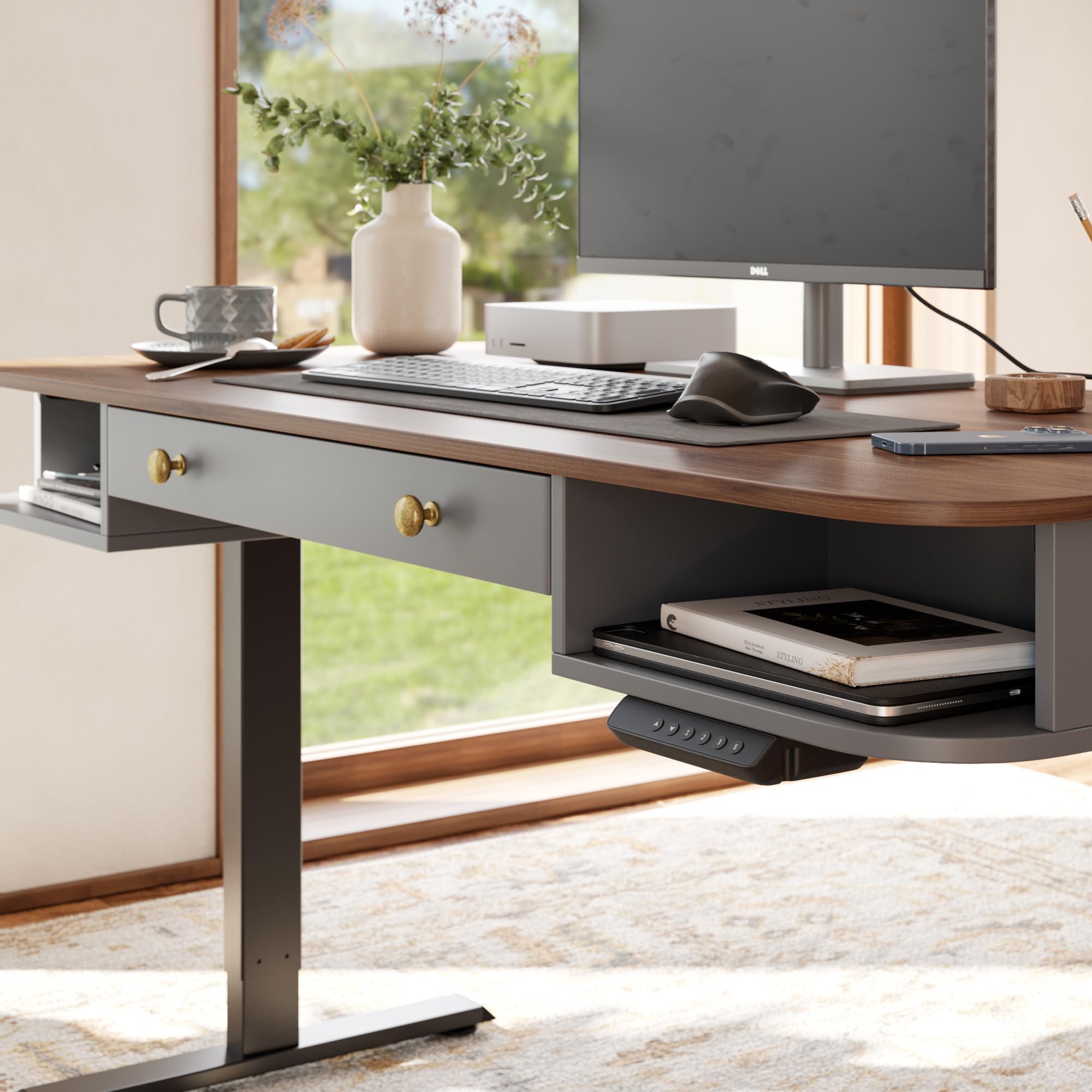 FEZIBO Whole Piece Mid Century Modern Electric Standing Desk with Drawer and Open Storage, 48 x 24 Inches Sit Stand Home Office Desk, Haze Blue Walnut(2 Packages)